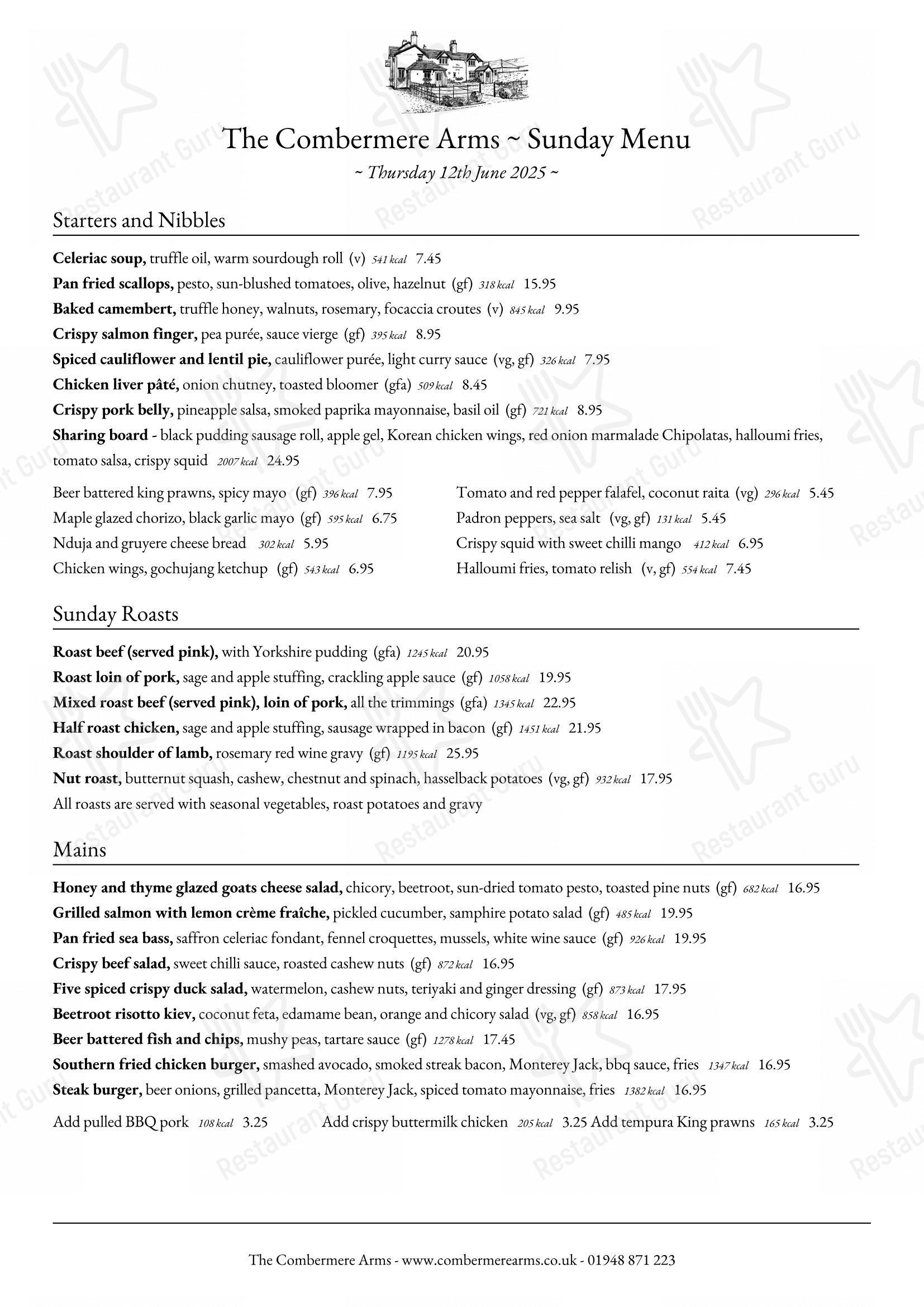 Menu at The Combermere Arms pub & bar, Whitchurch Rural, Burleydam