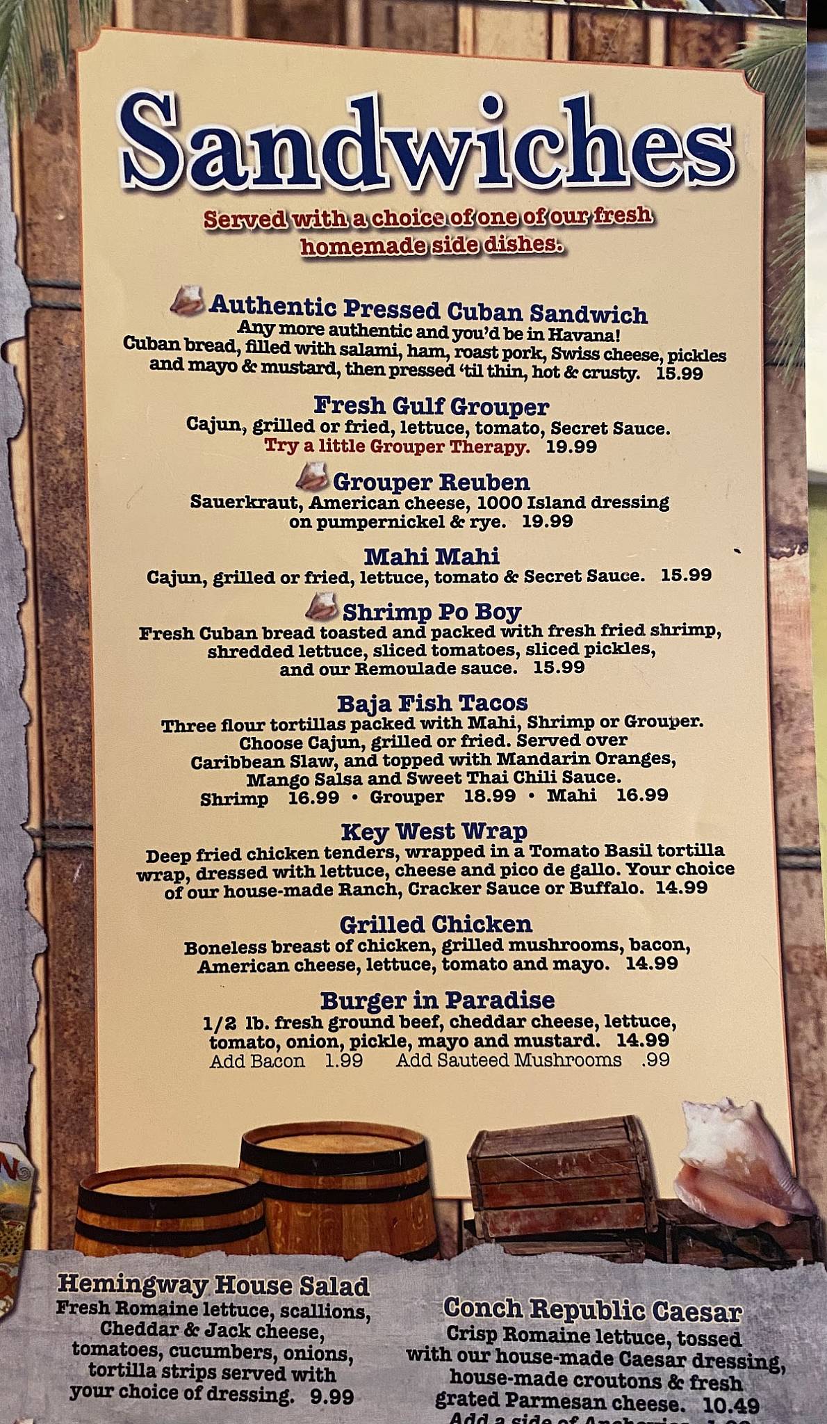 Menu at The Conch Republic Grill, North Redington Beach