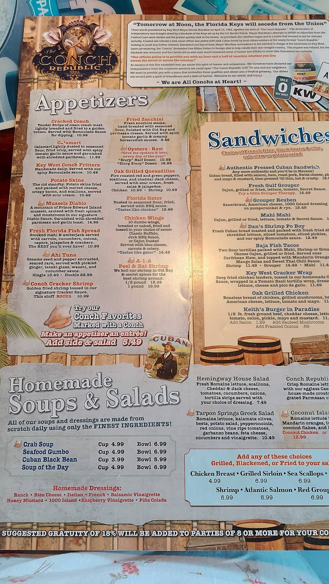 Menu at The Conch Republic Grill, North Redington Beach