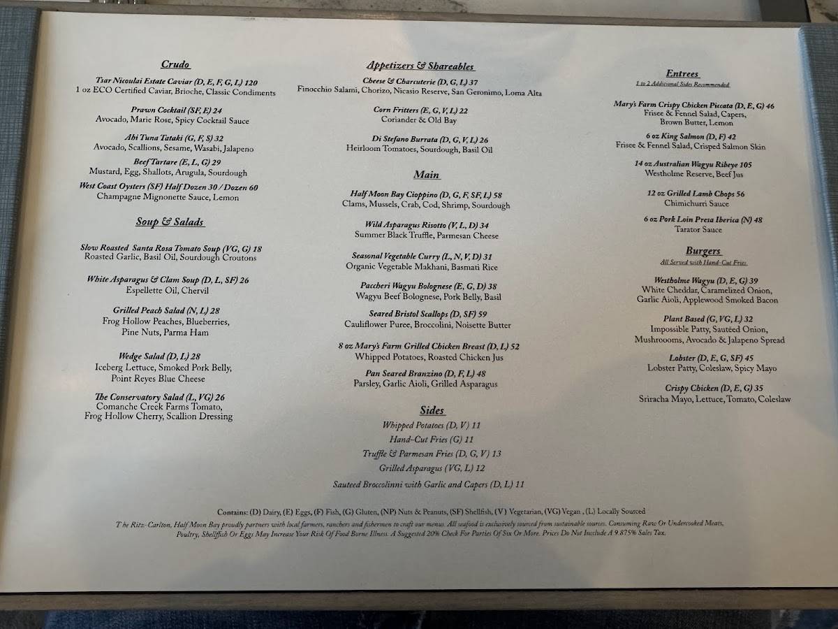 Menu at The Conservatory restaurant, Half Moon Bay