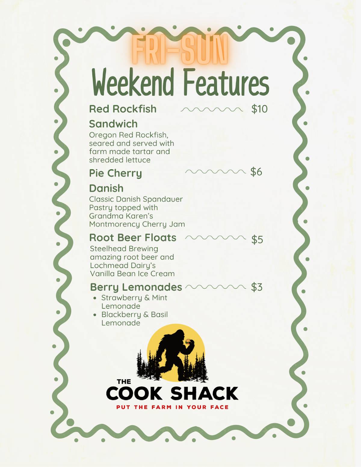 Menu at The Cook Shack restaurant, Junction City