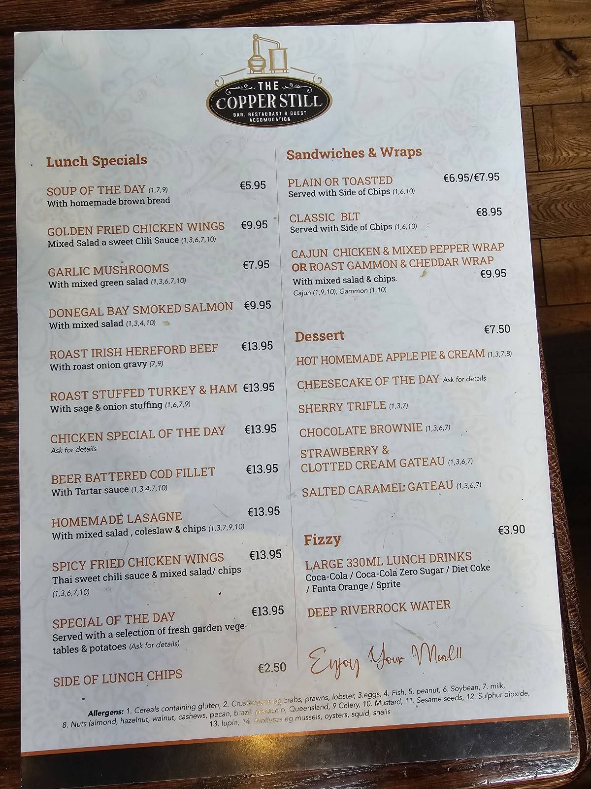 Menu at The Copper Still Bar Restaurant & Accommodation, Drumod