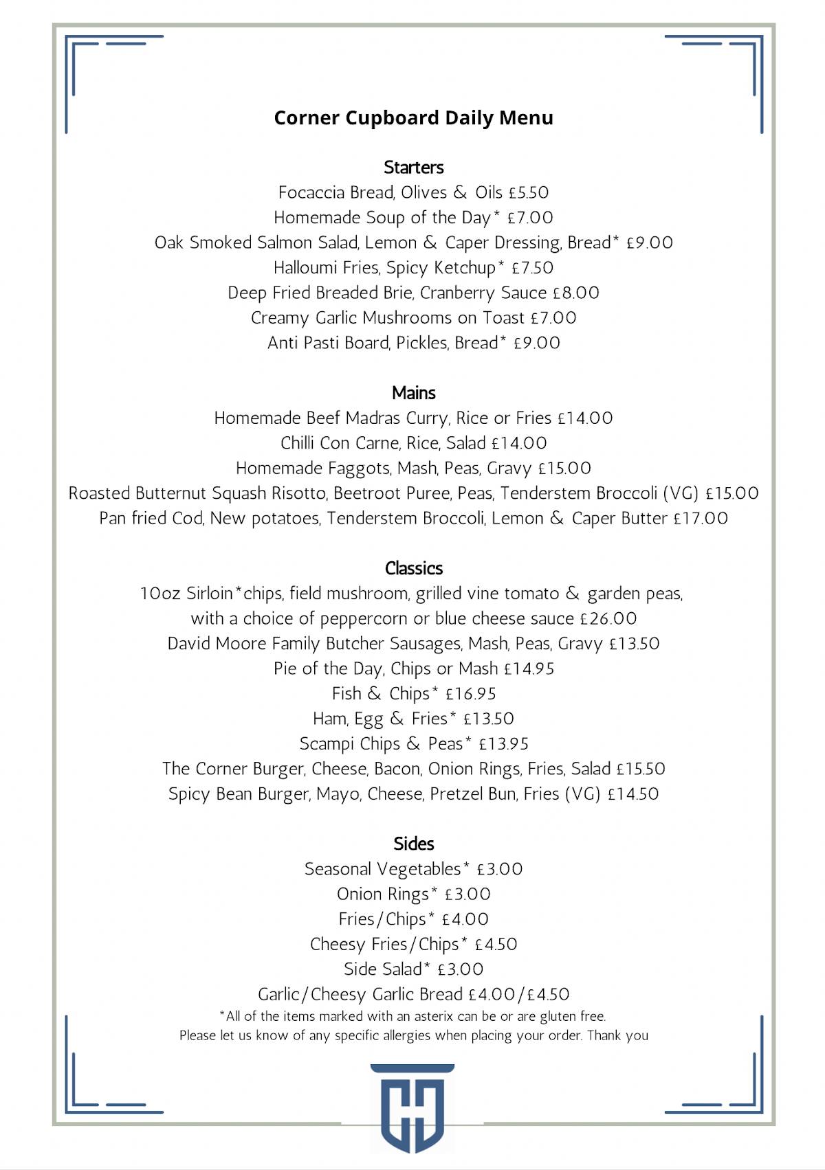 Menu at The Corner Cupboard pub & bar, Winchcombe