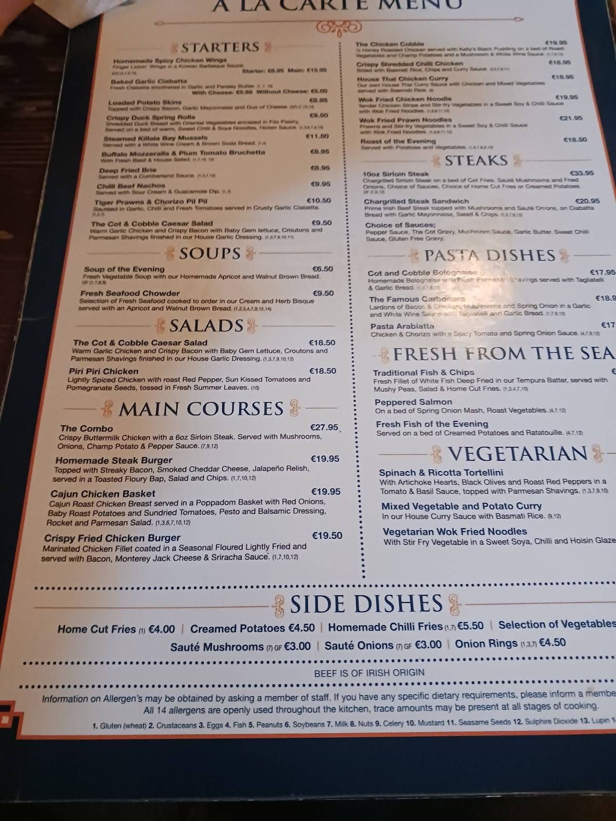 Menu at The Cot and Cobble pub & bar, Ballina
