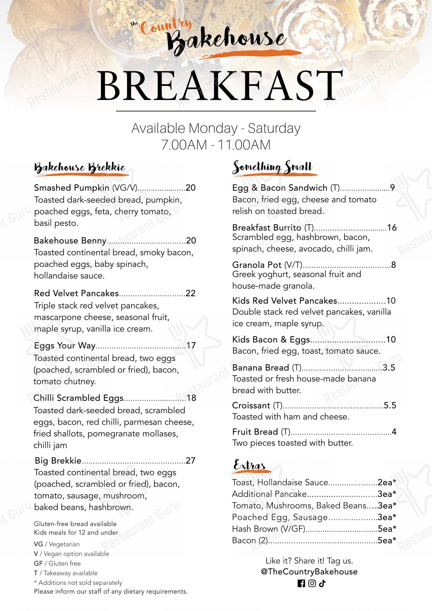Menu at The Country Bakehouse cafe, Loxton
