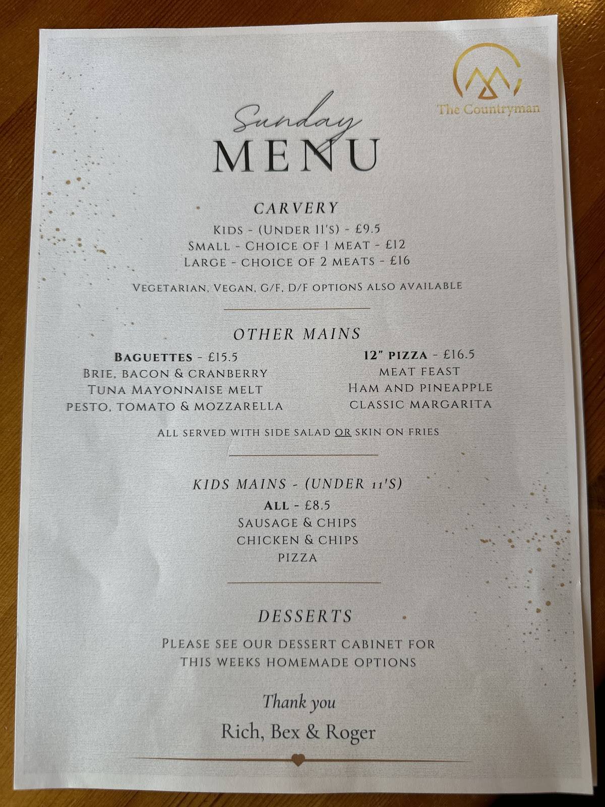 Menu at The Countryman restaurant, Sampford Courtenay