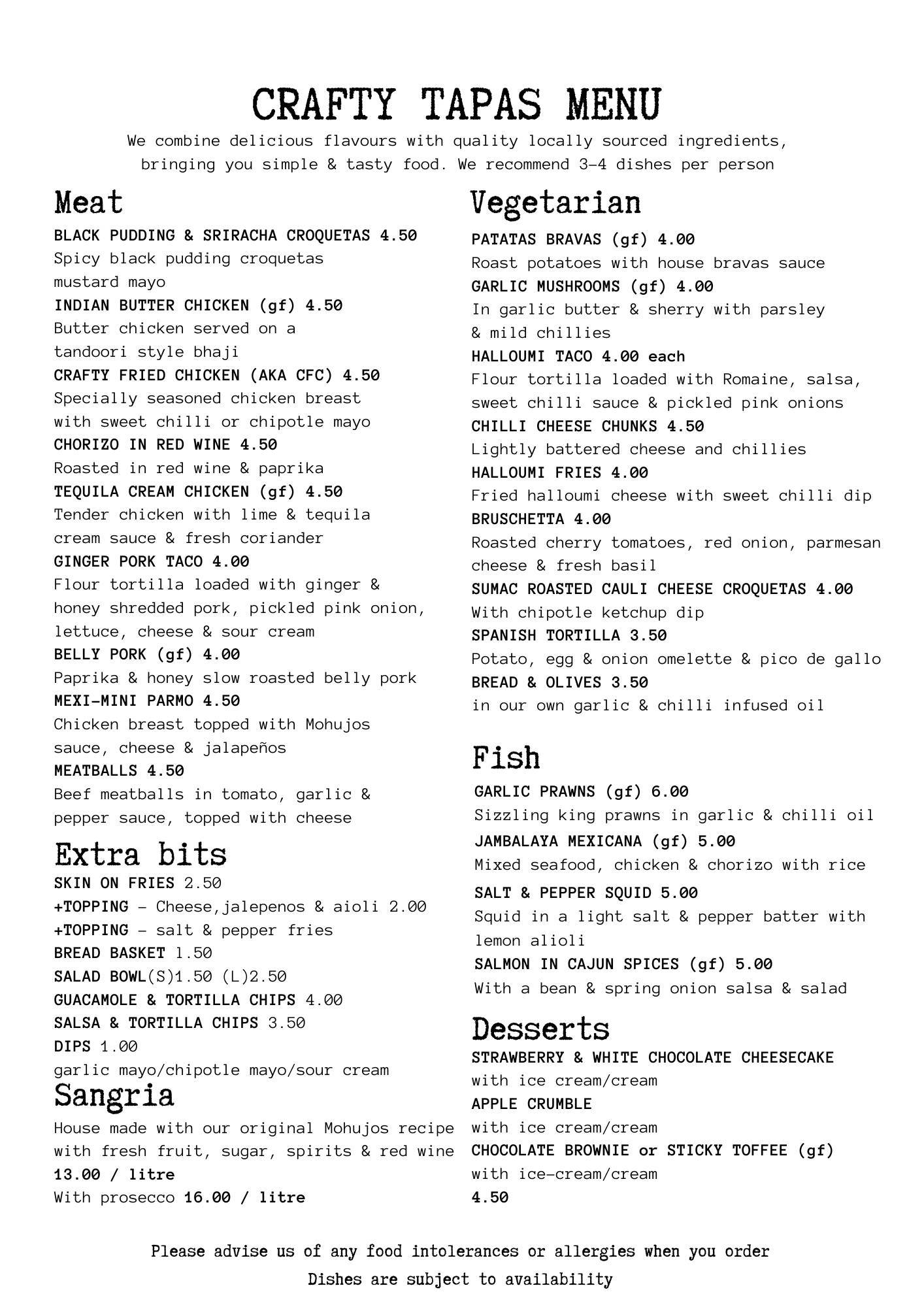 Menu at The Crafty Cock Pub, Billingham