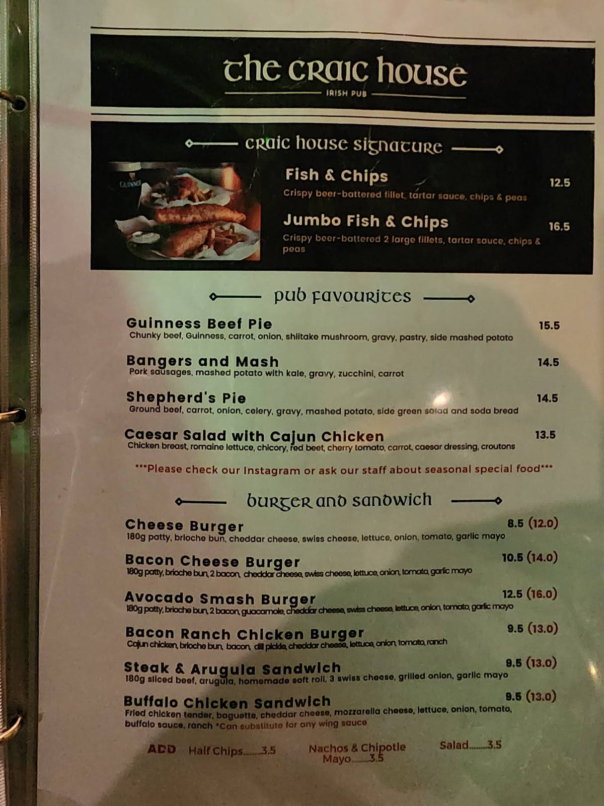 Menu at The Craic House pub & bar, Seoul, 4th Floor