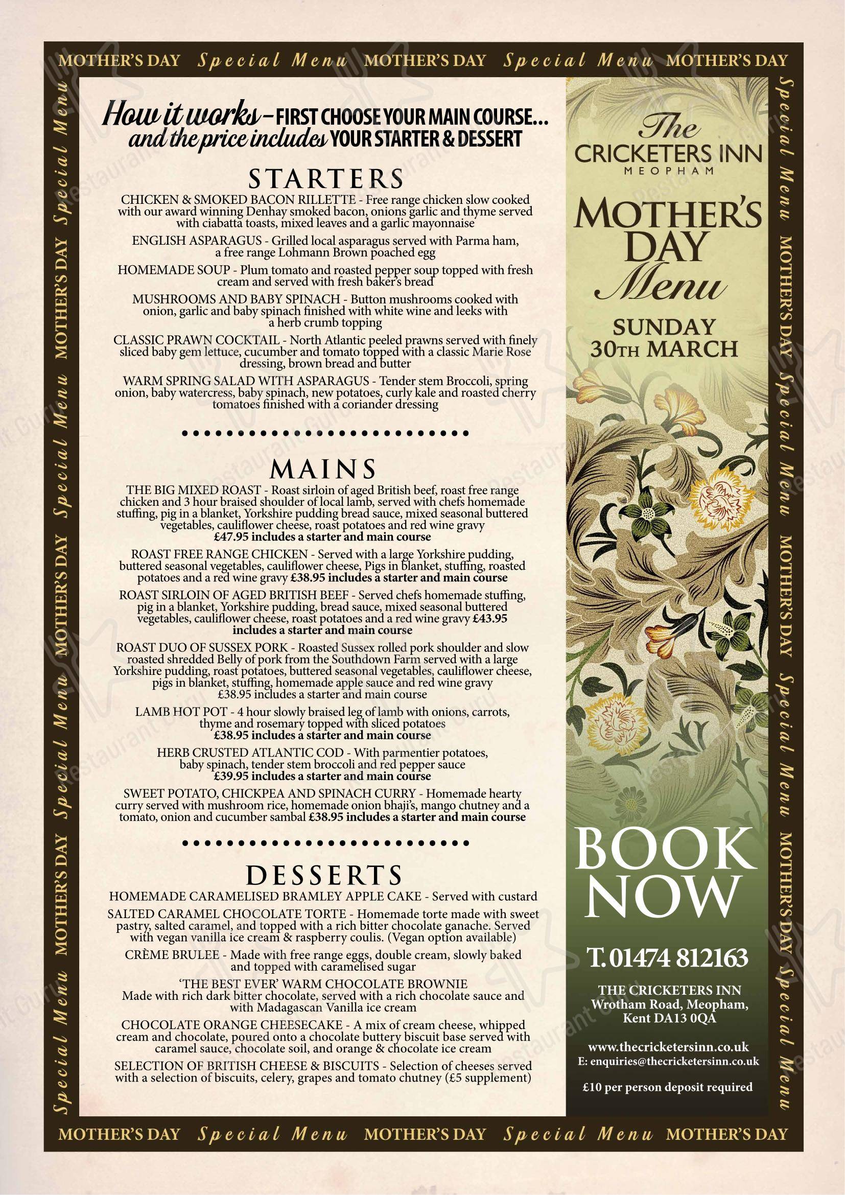 Menu at The Cricketers Inn pub & bar, Gravesend