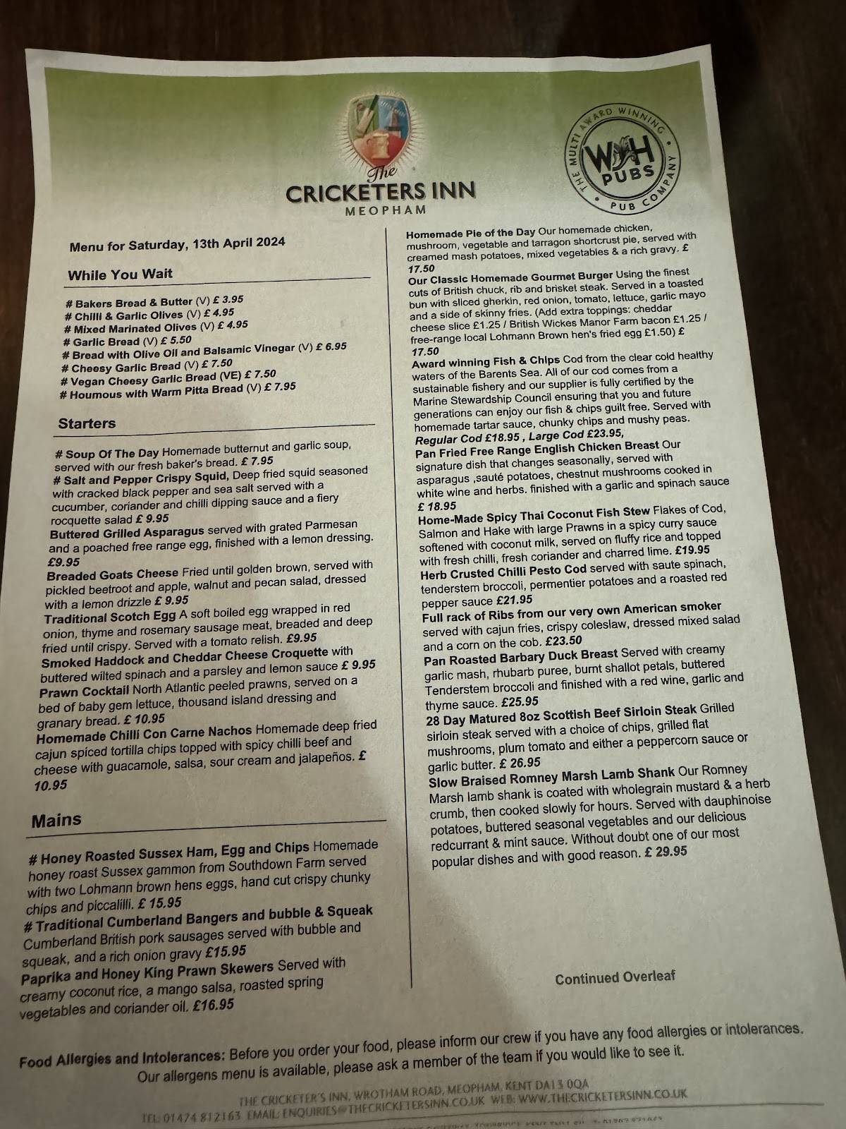 Menu at The Cricketers Inn pub & bar, Meopham