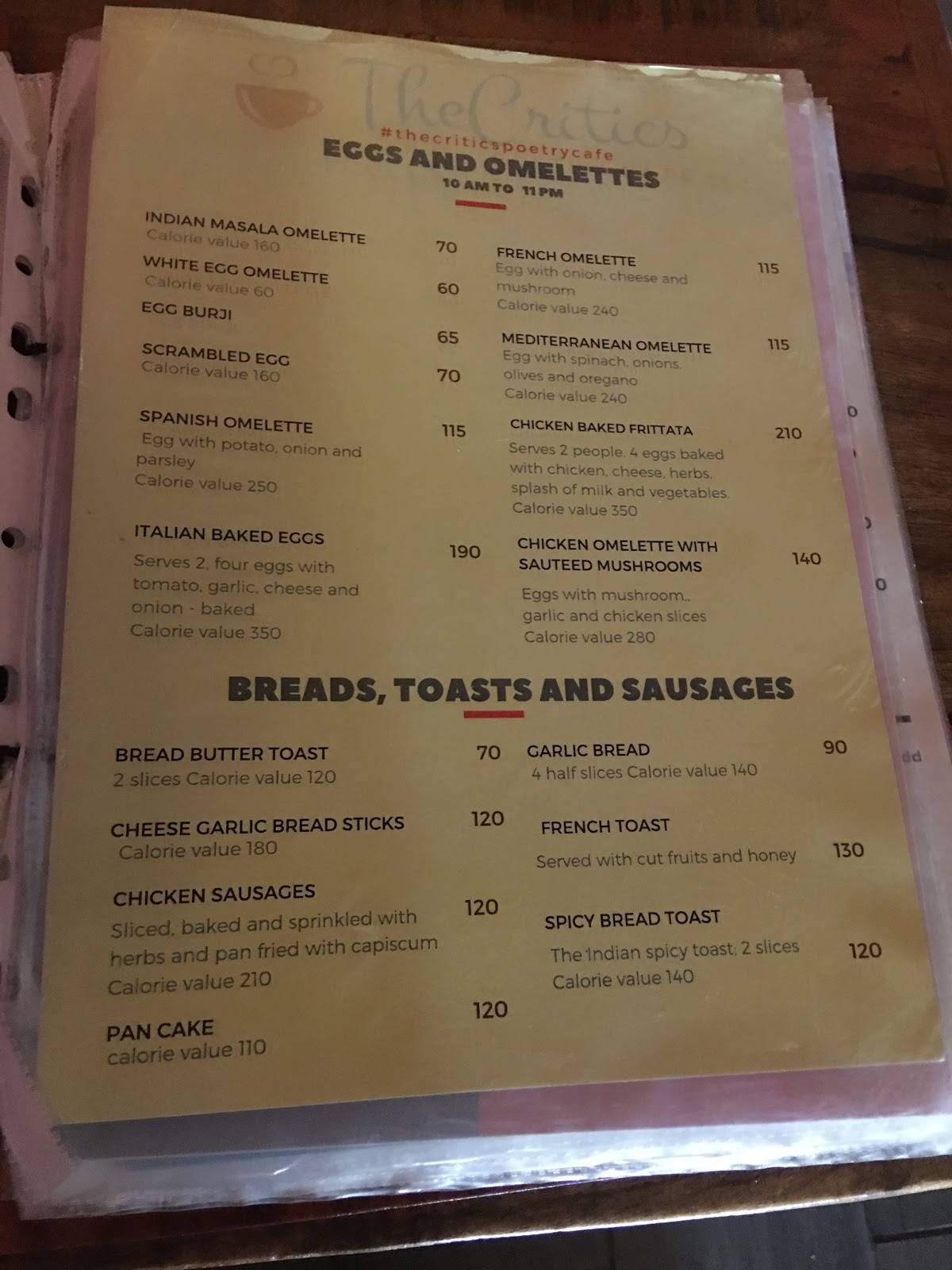 Menu at The Critics Poetry Cafe, Tiruchirappalli