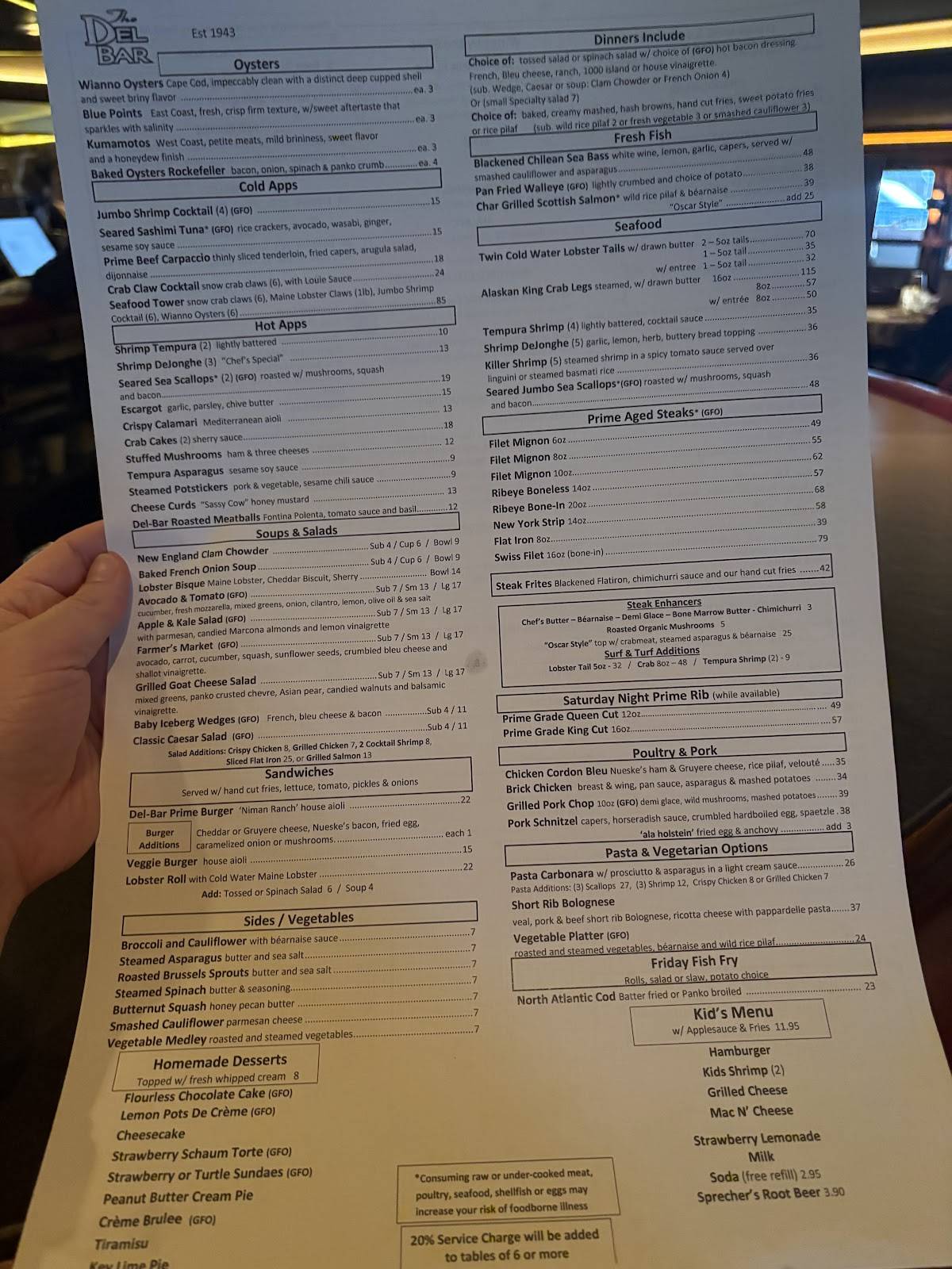 Menu at The Del-Bar, Wisconsin Dells