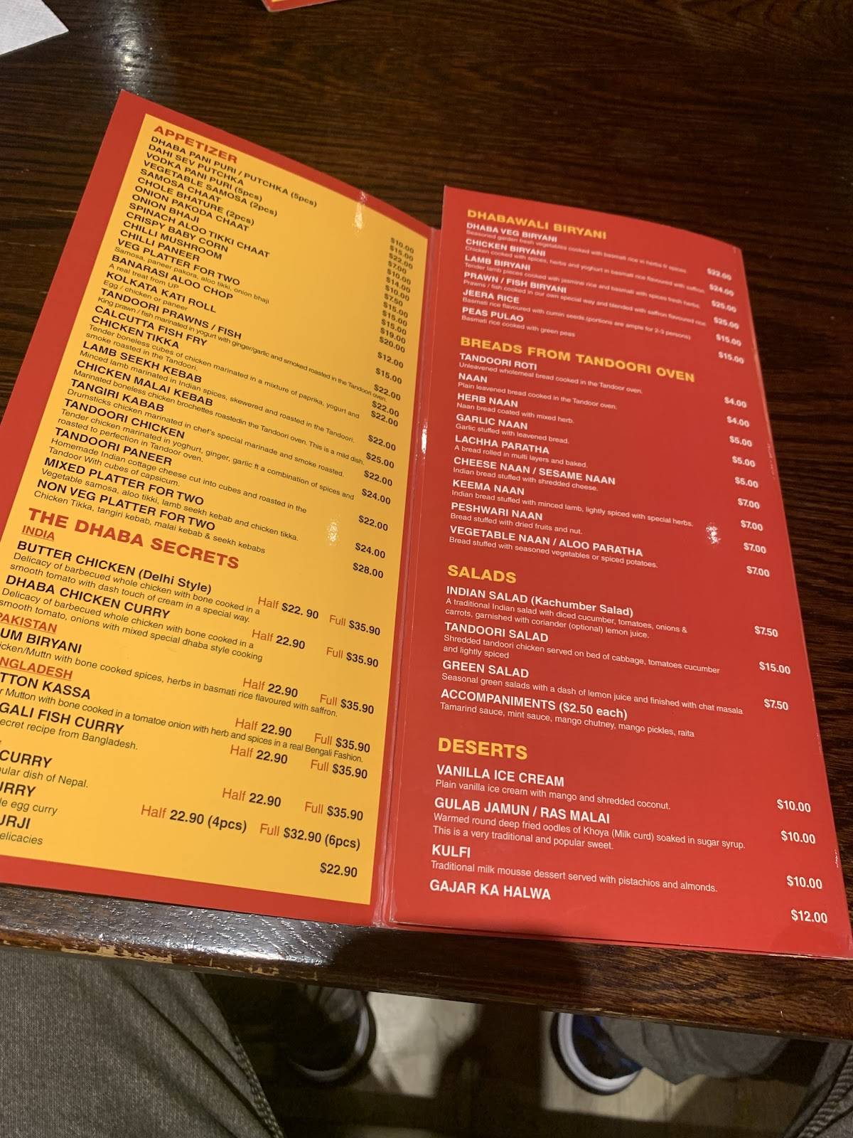 Menu at The Dhaba restaurant, Auckland
