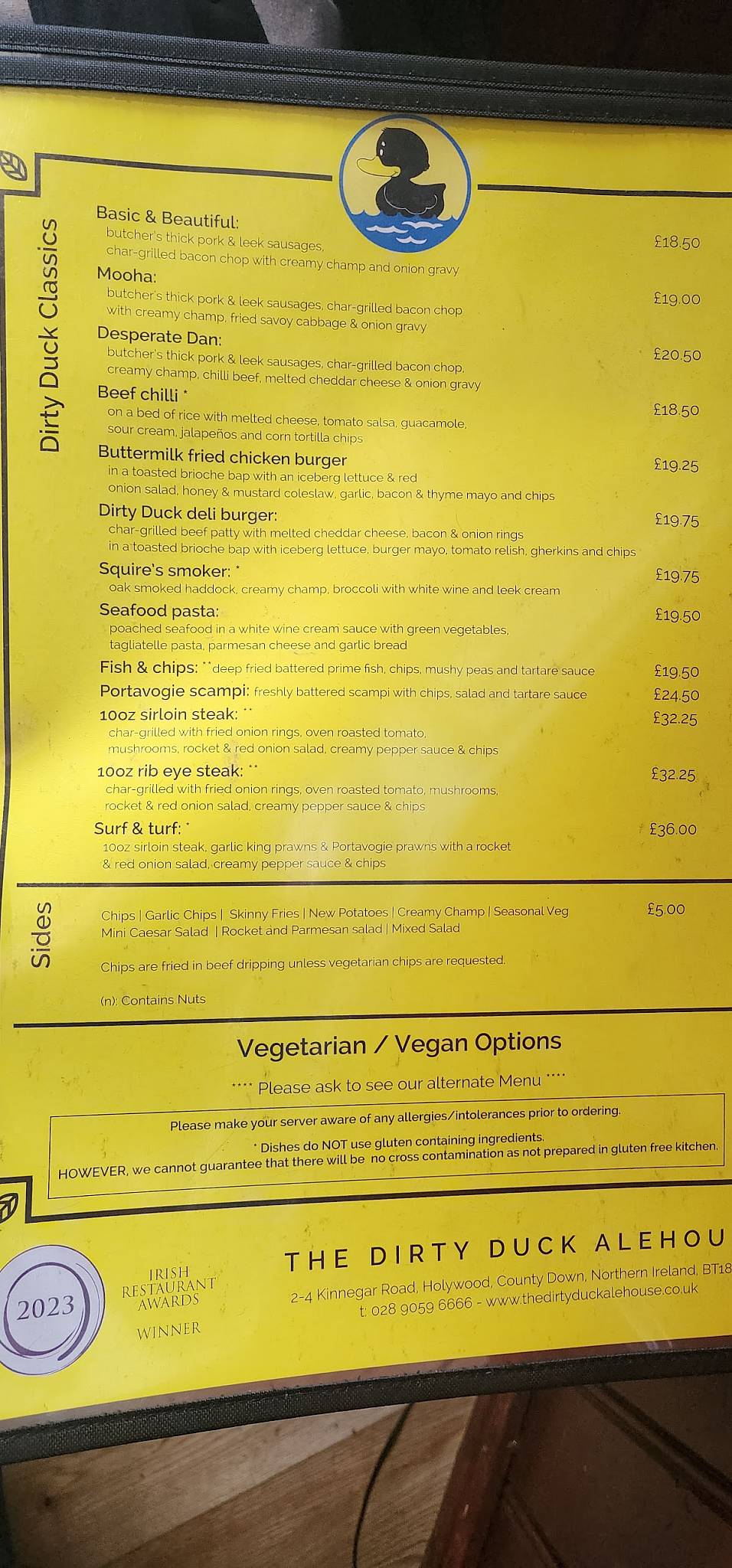 Menu at The Dirty Duck Alehouse pub & bar, Holywood