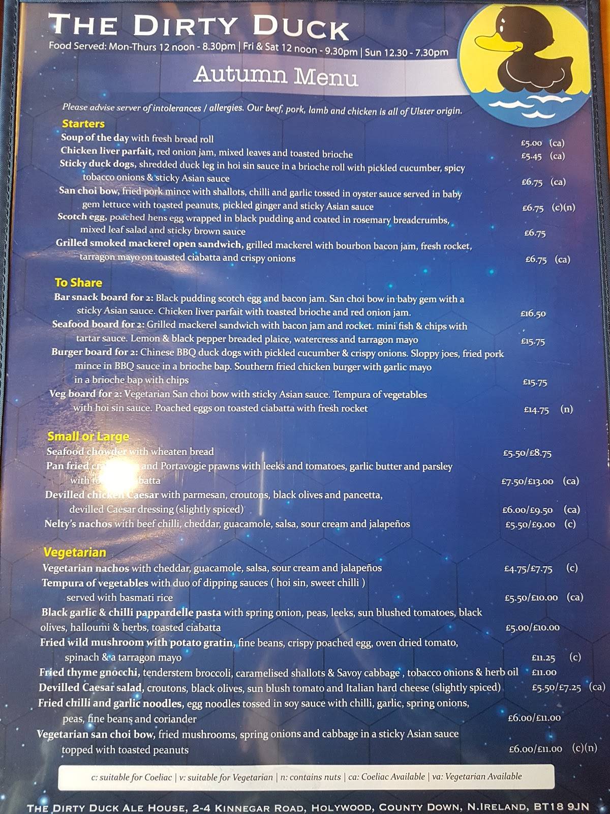 Menu at The Dirty Duck Alehouse pub & bar, Holywood