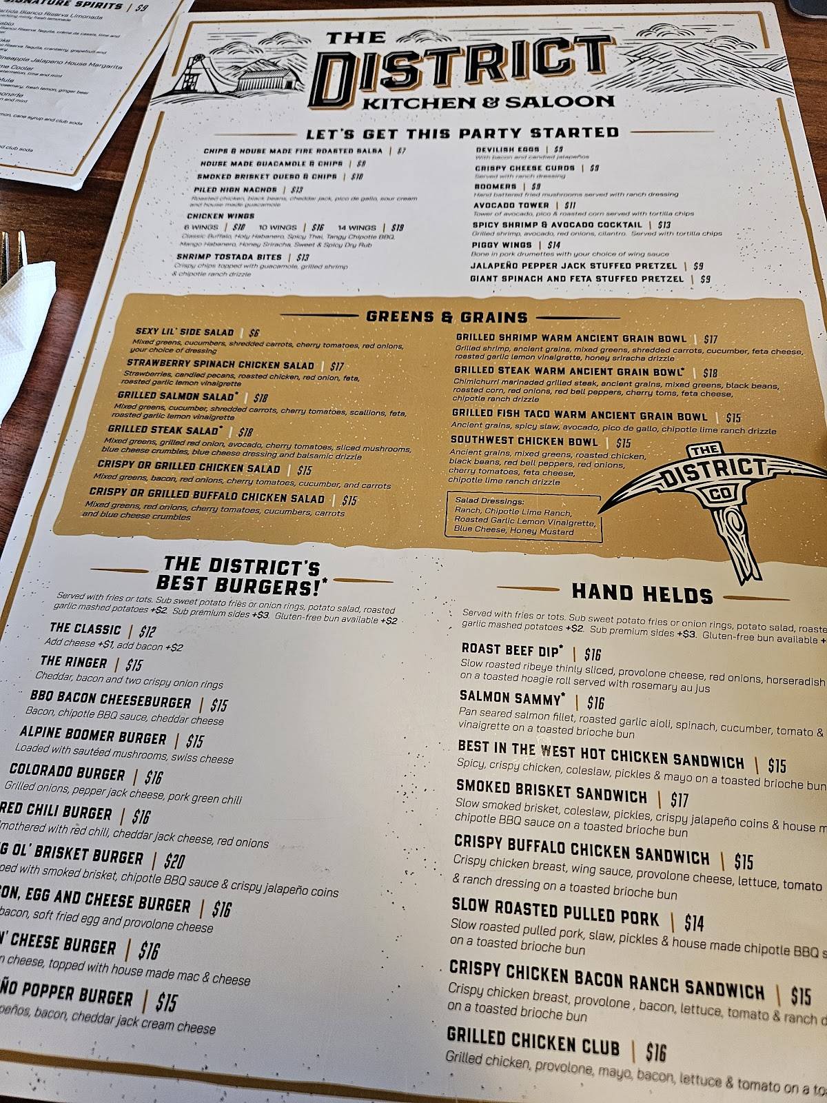 Menu at The District Kitchen & Saloon pub & bar, Cripple Creek