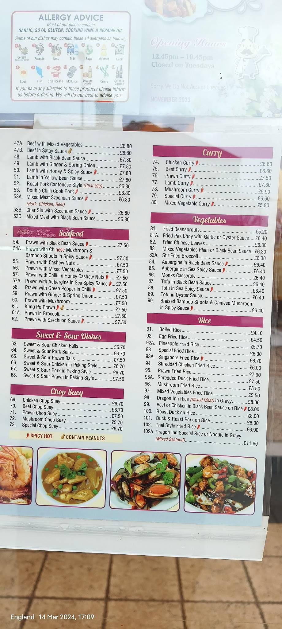 Menu at The Dragon Inn fast food, London, 179 S Ealing Rd