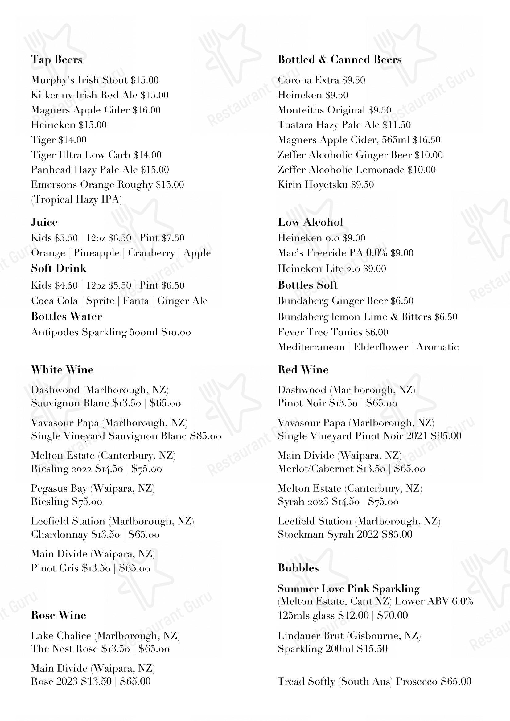 Menu at The Dubliner pub & bar, Methven