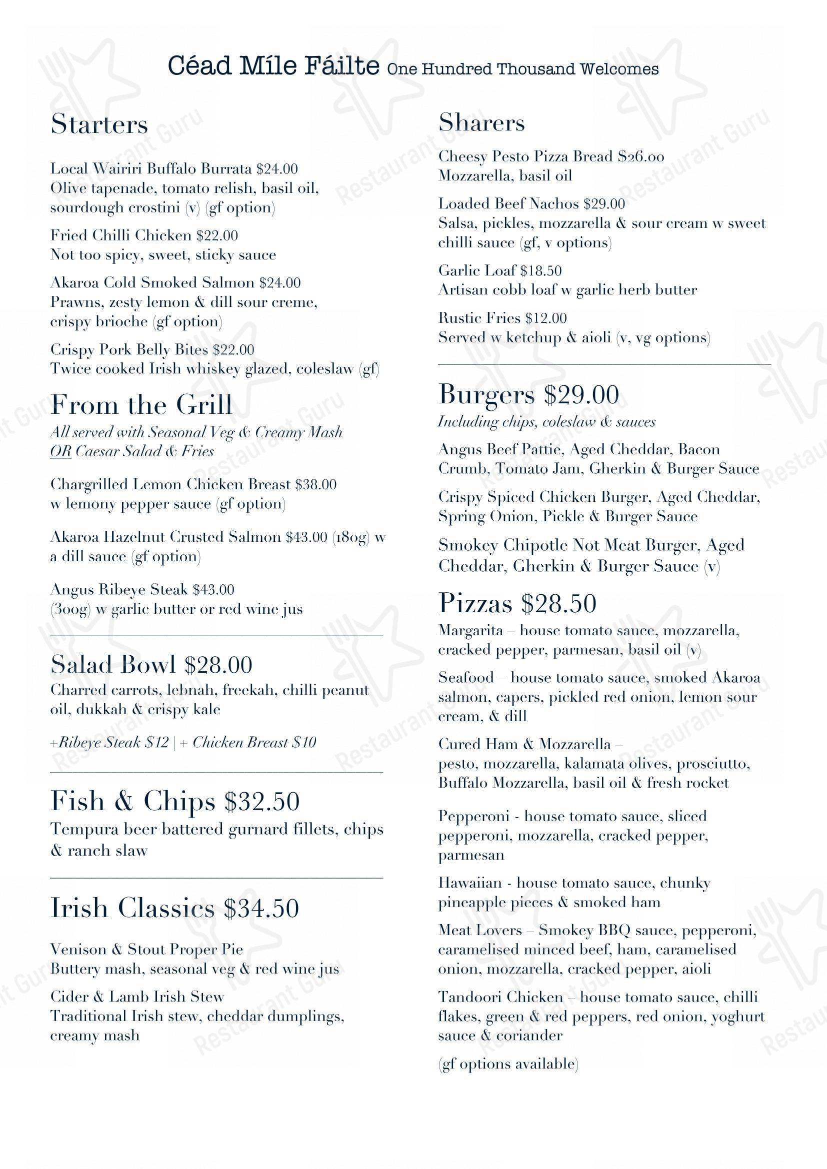 Menu at The Dubliner pub & bar, Methven