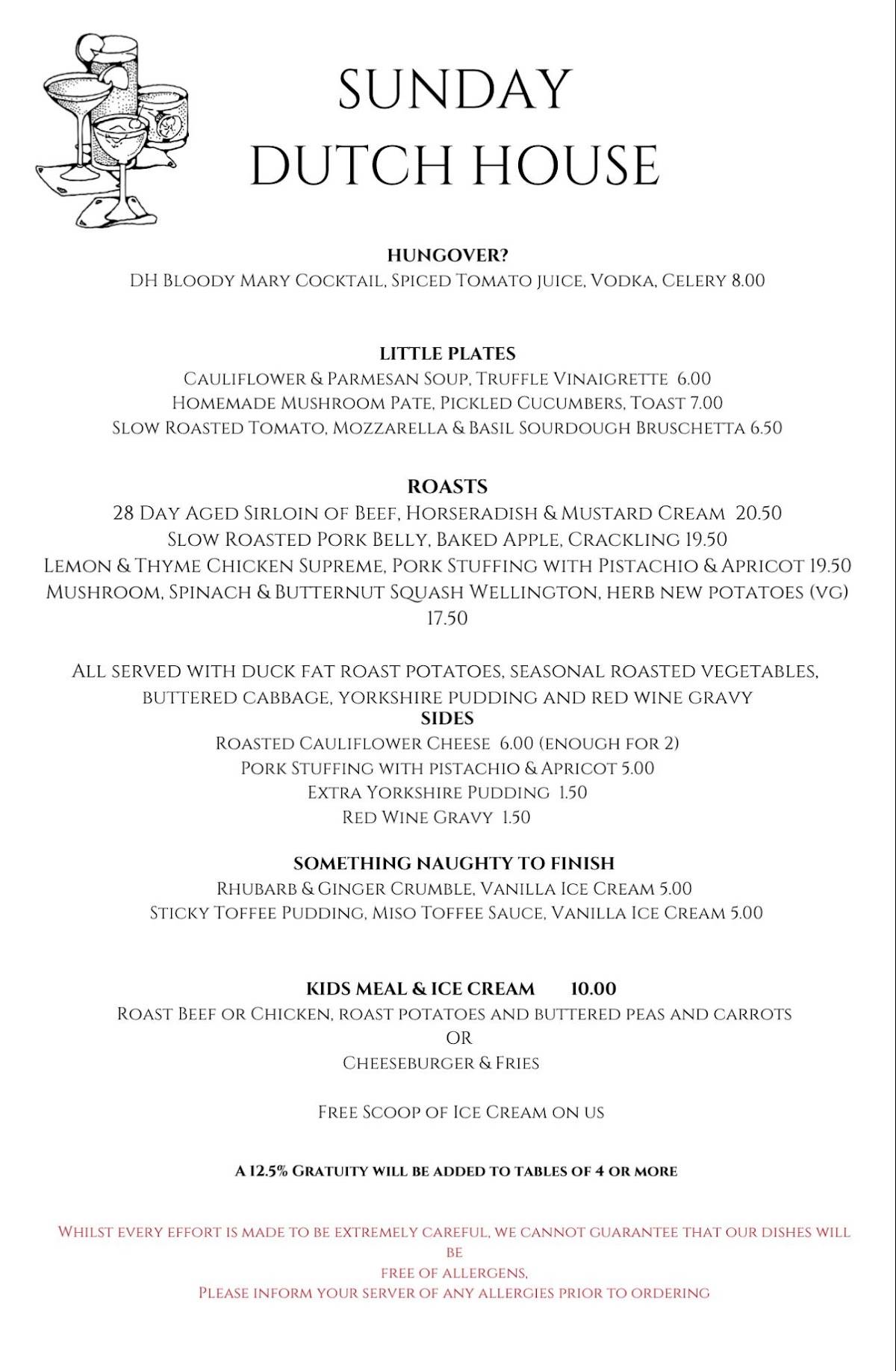Menu at The Dutch House Cafe, London, 2 Mercury Way
