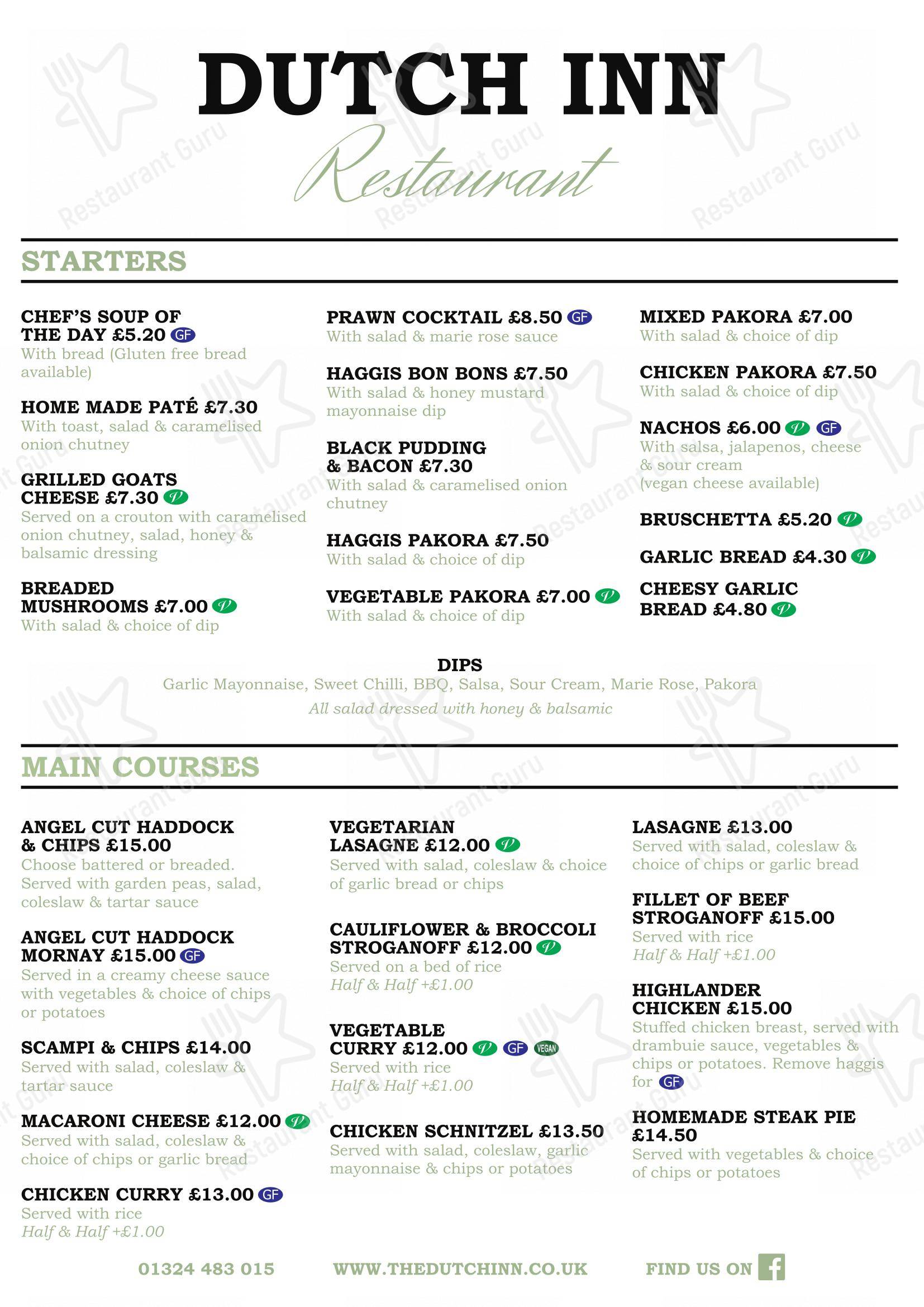 Menu at Dutch Inn restaurant, Falkirk