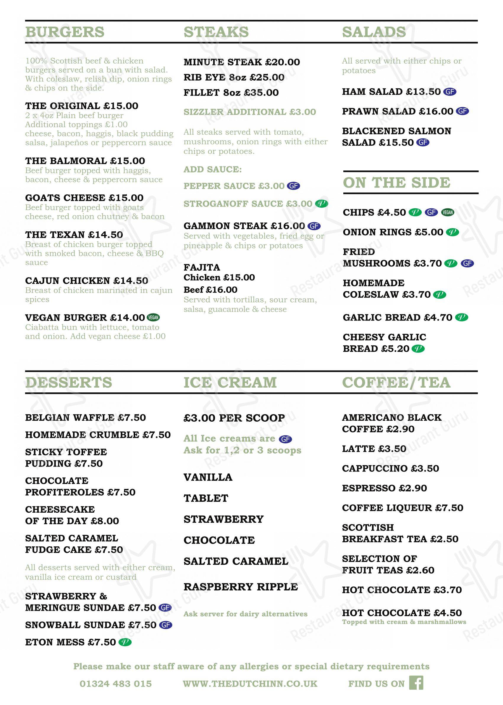 Menu at Dutch Inn pub & bar, Falkirk