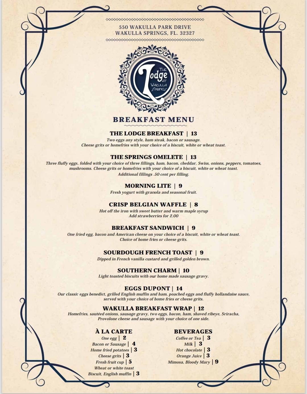 Menu at The Edward Ball Dining Room at Wakulla Springs restaurant ...
