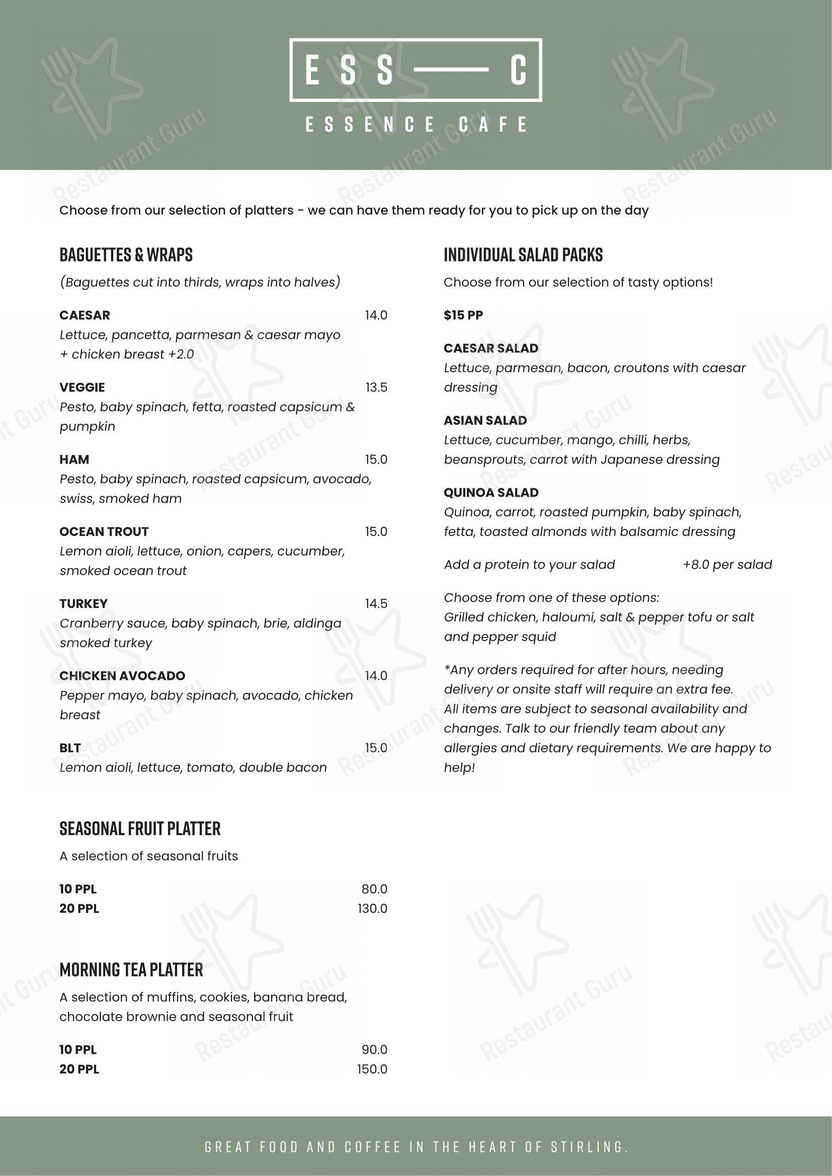 Menu at The Essence Cafe, Stirling