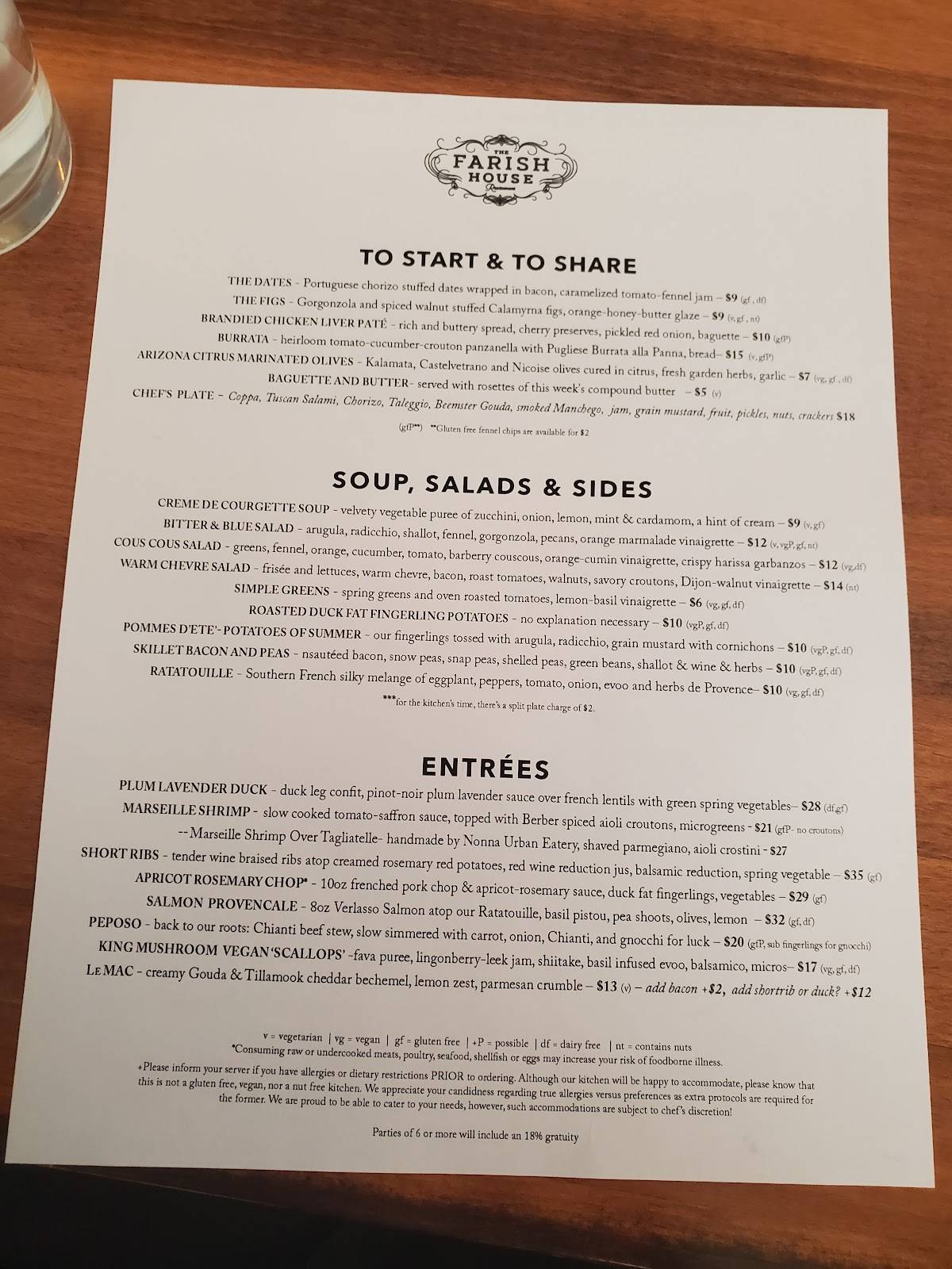 Menu at The Farish House restaurant, Phoenix