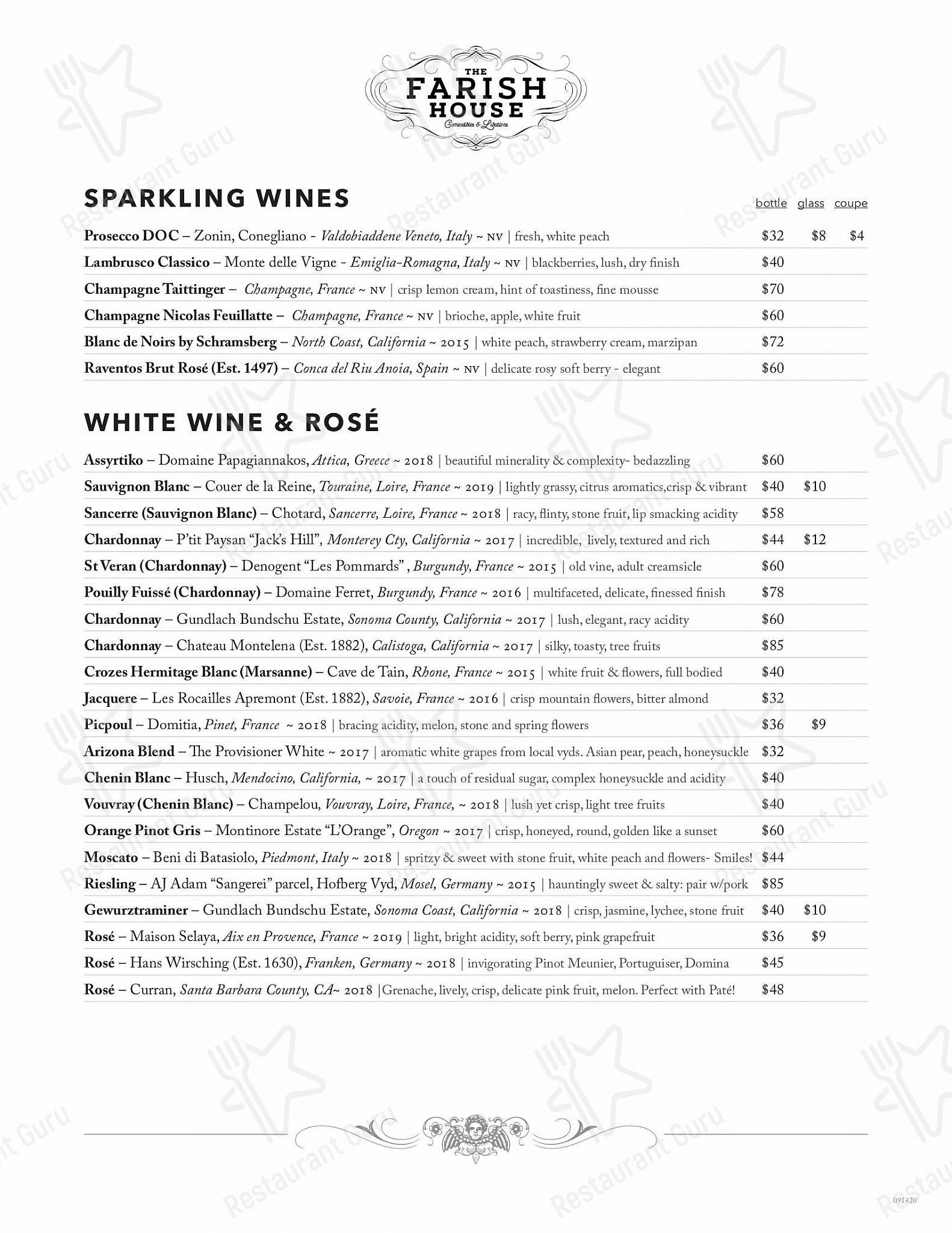 Menu at The Farish House restaurant, Phoenix