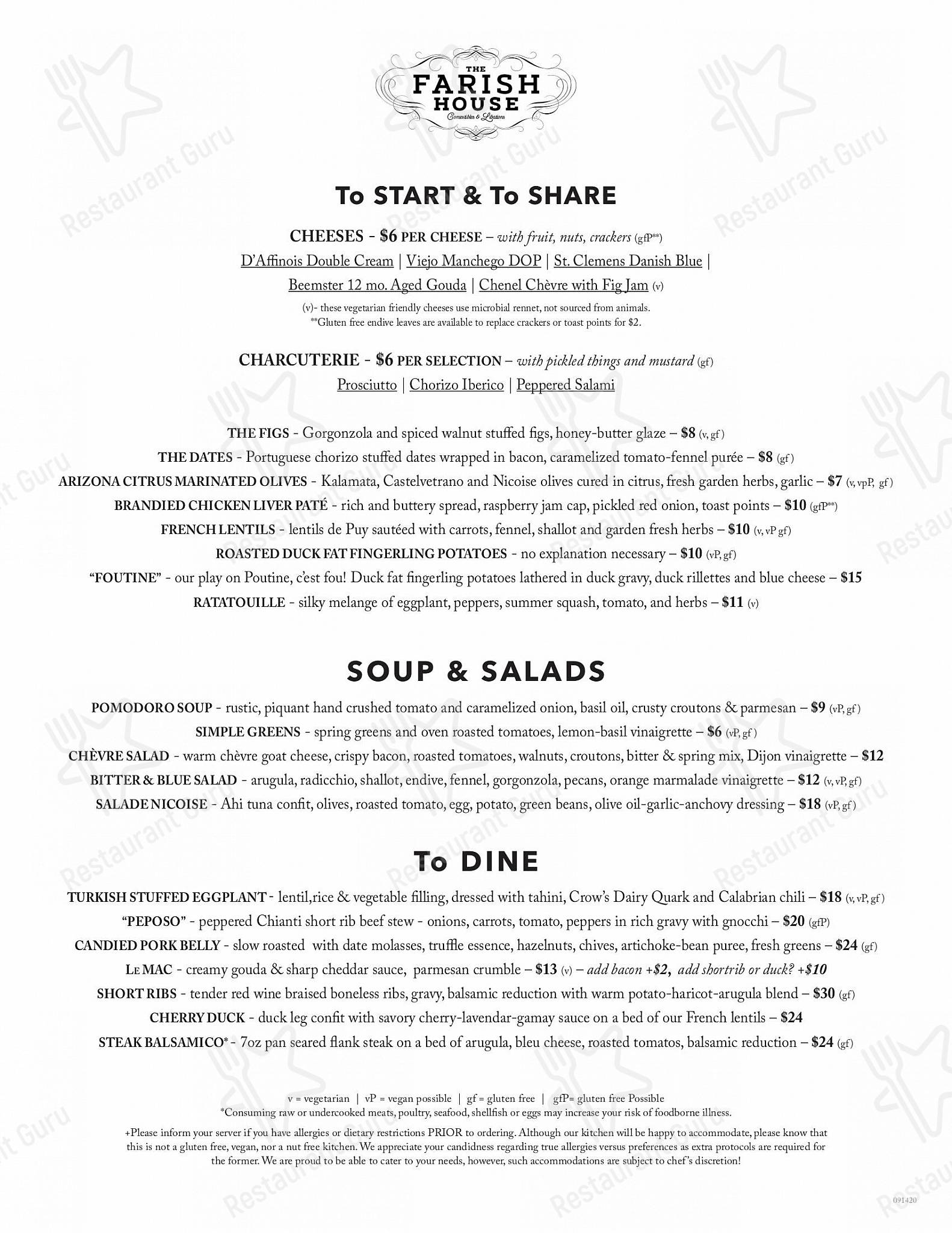 Menu at The Farish House restaurant, Phoenix