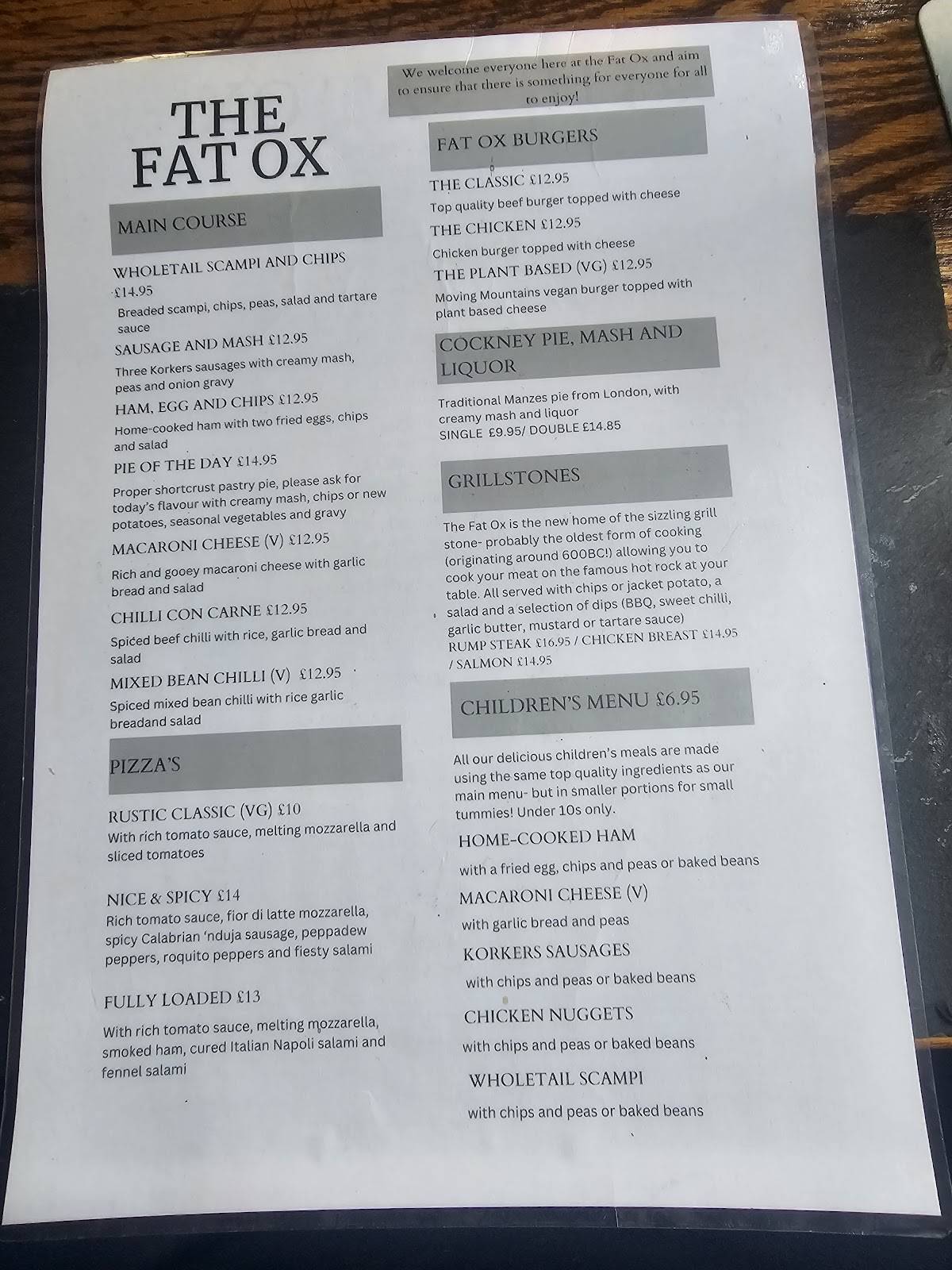 Menu at The Fat Ox pub & bar, Tenterden