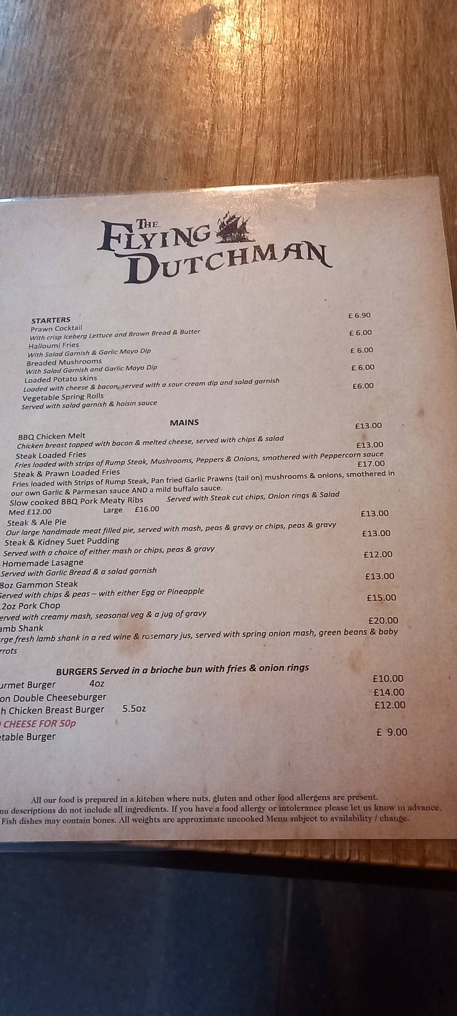 Menu at The Flying Dutchman pub & bar, Queenborough