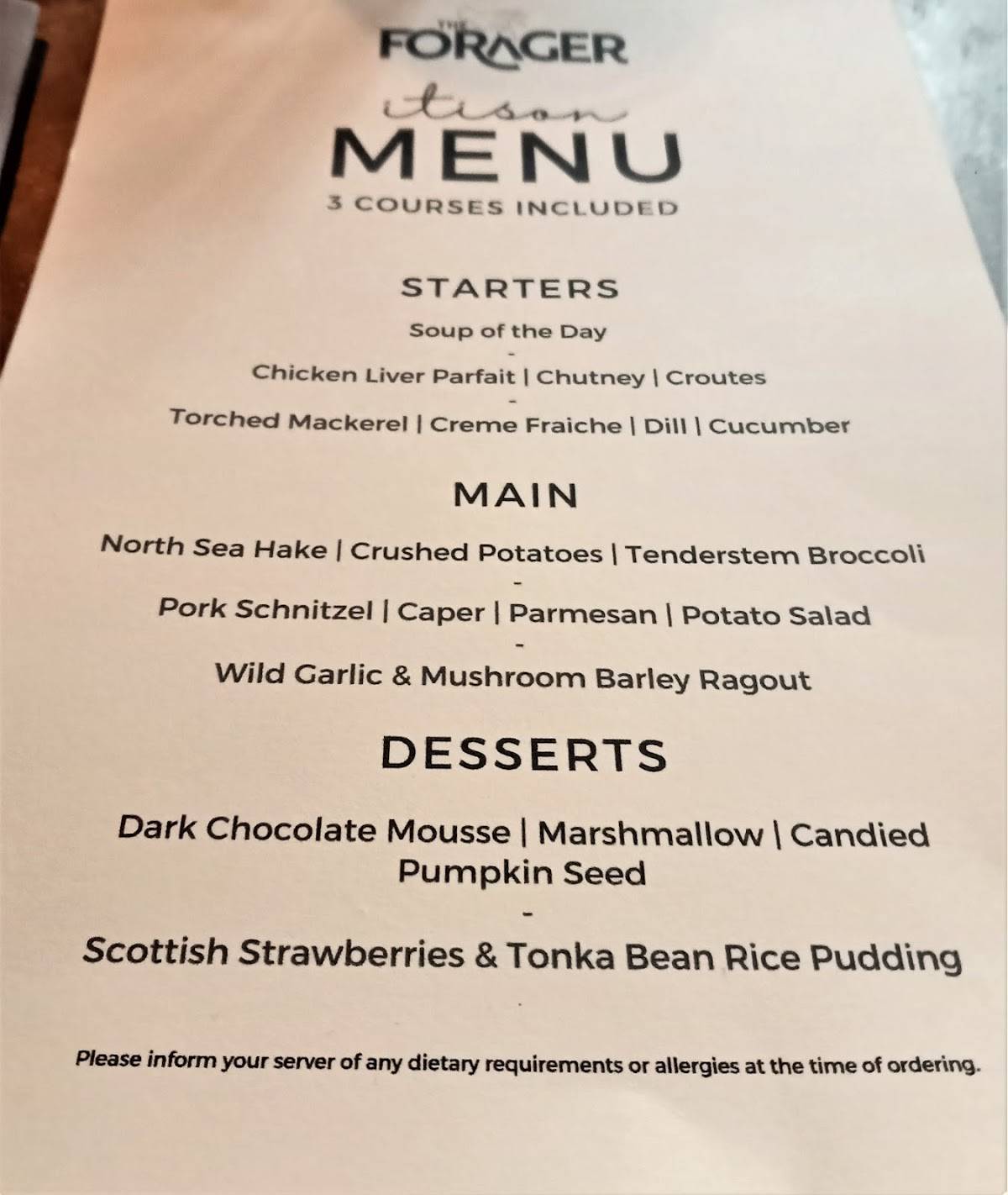 Menu at The Forager restaurant, Dollar, 19-23 Bridge St