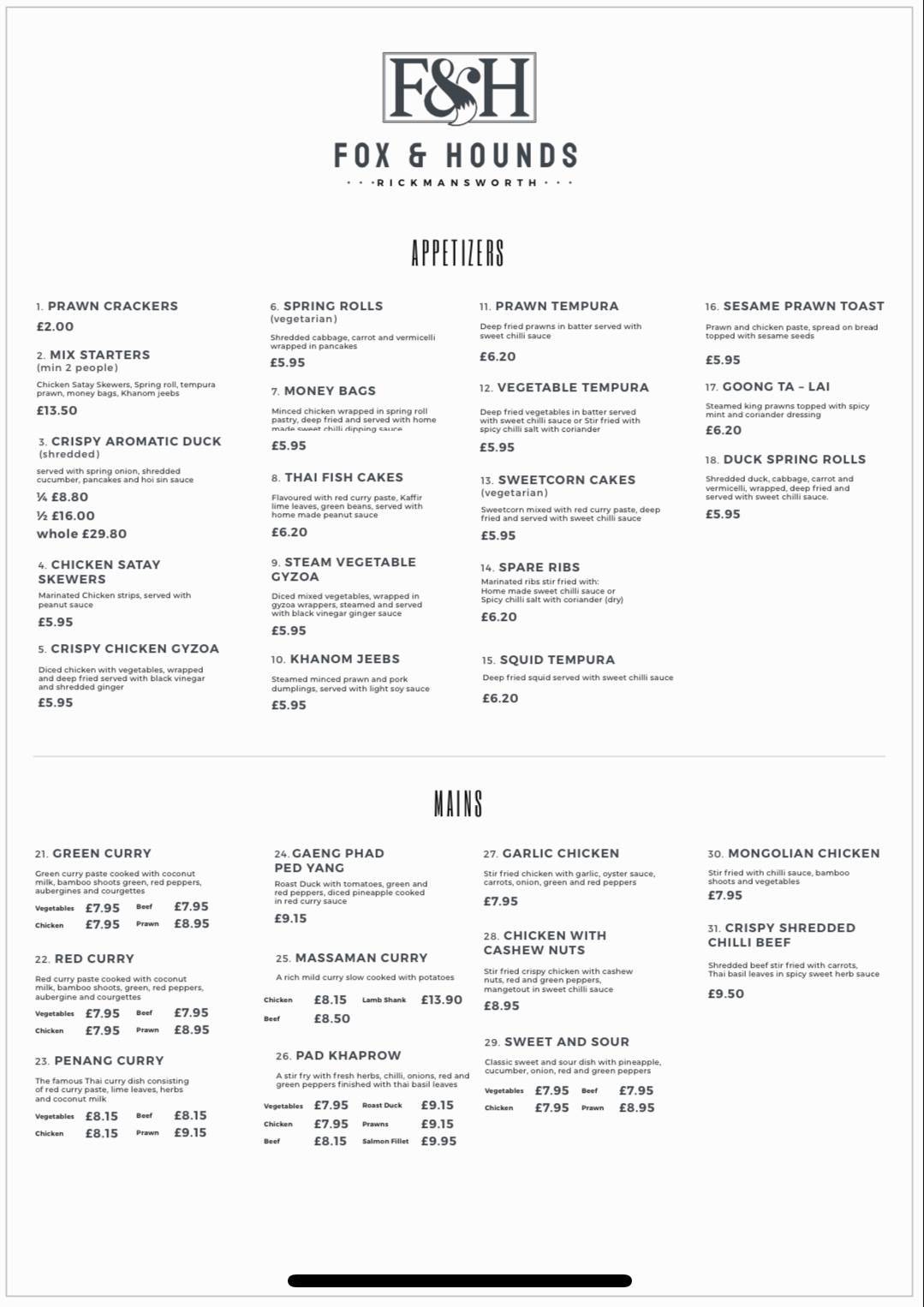 Menu at The Fox & Hounds pub & bar, Rickmansworth, 183 High St