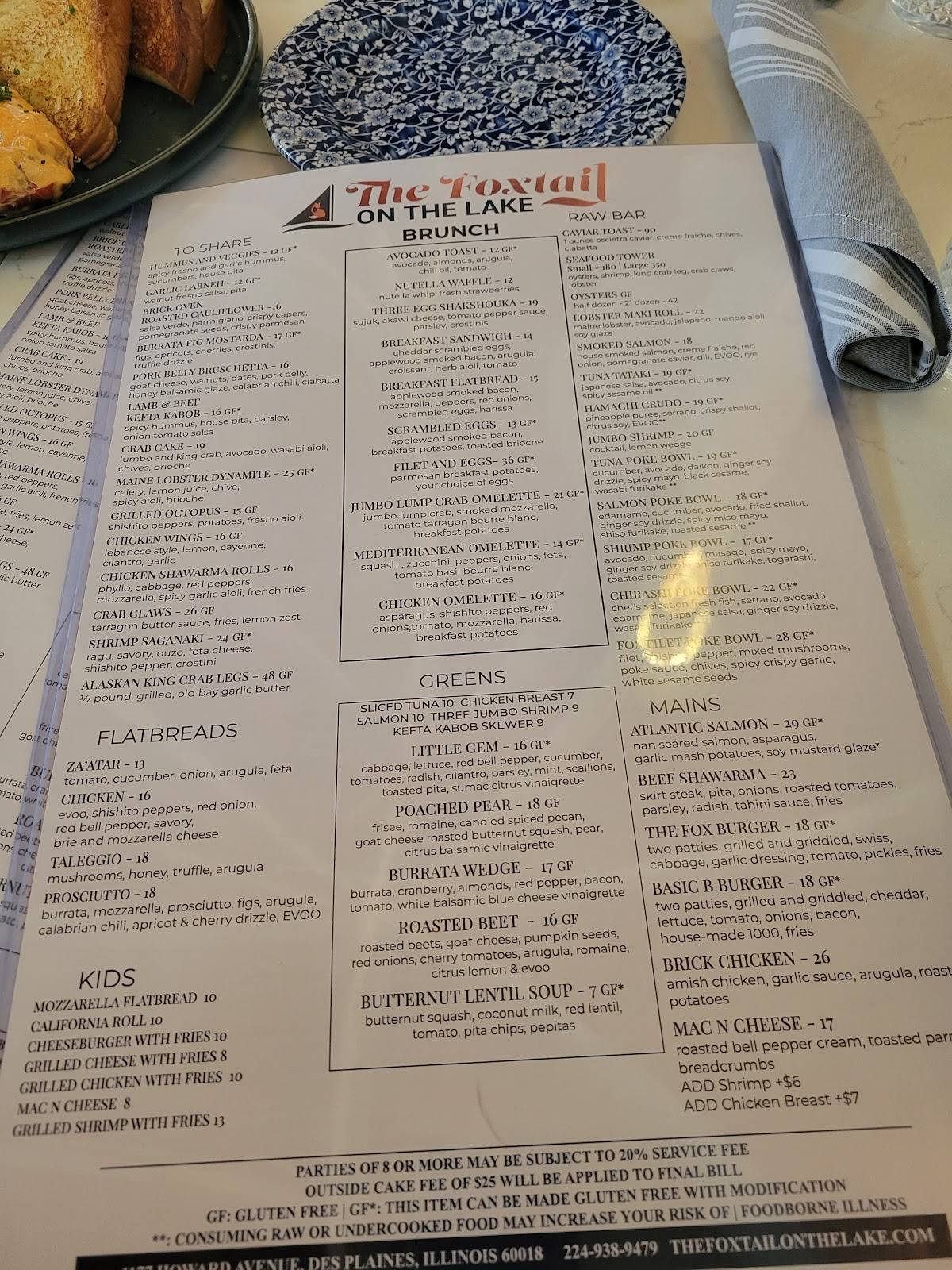 Menu at The Foxtail On The Lake pub & bar, Des Plaines
