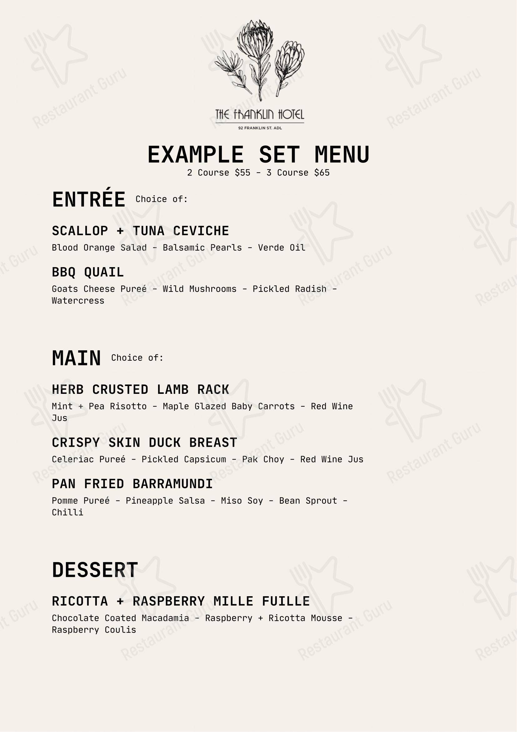 Menu at The Franklin Hotel pub & bar, Adelaide