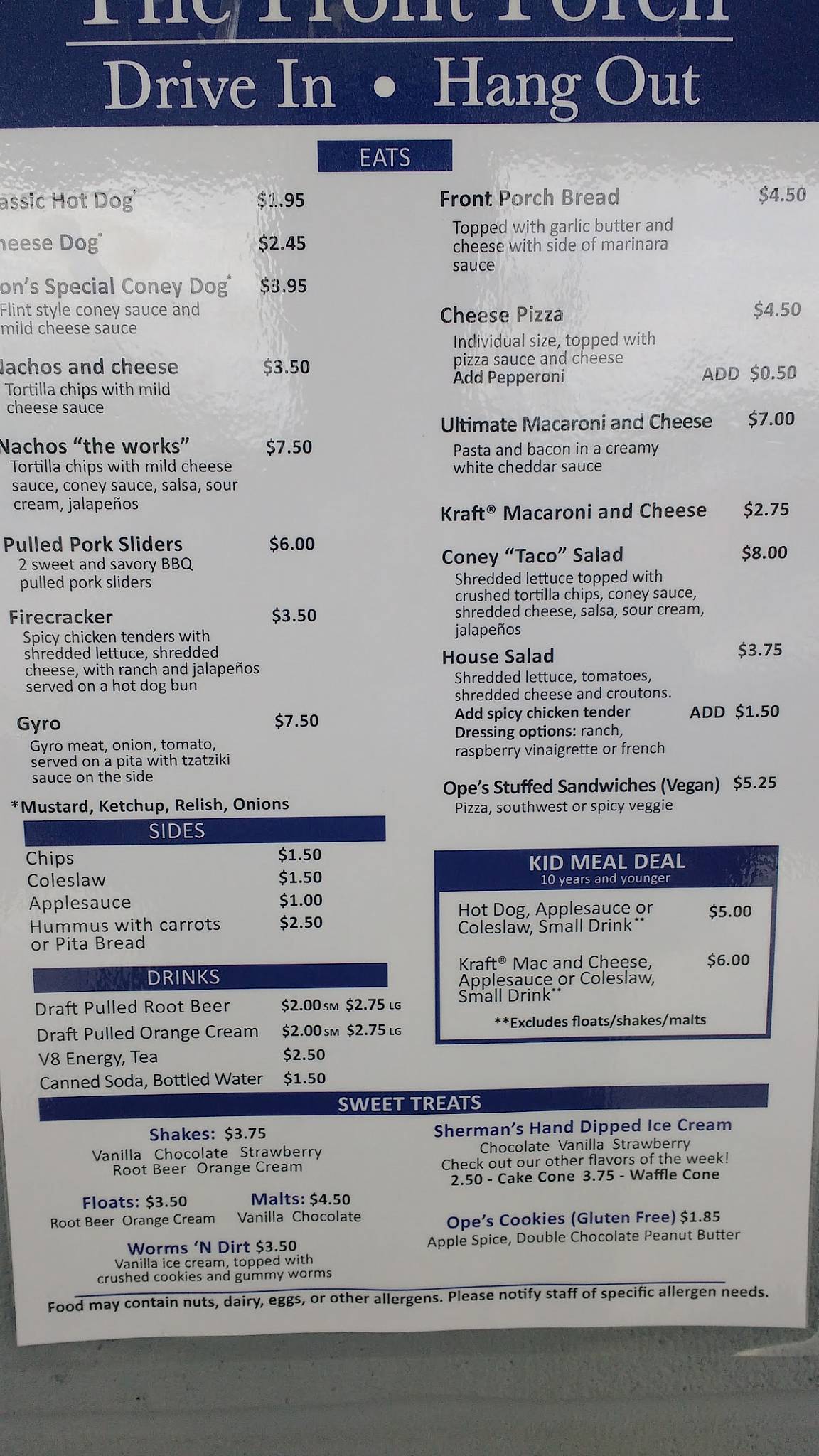 Menu at The Front Porch restaurant, Galesburg