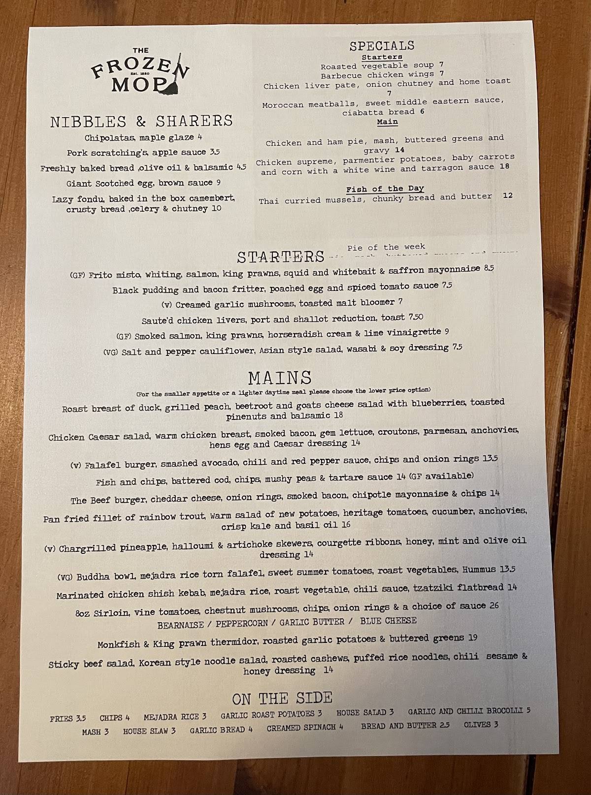 Menu at The Frozen Mop pub & bar, Peover Superior, Faulkner's Ln