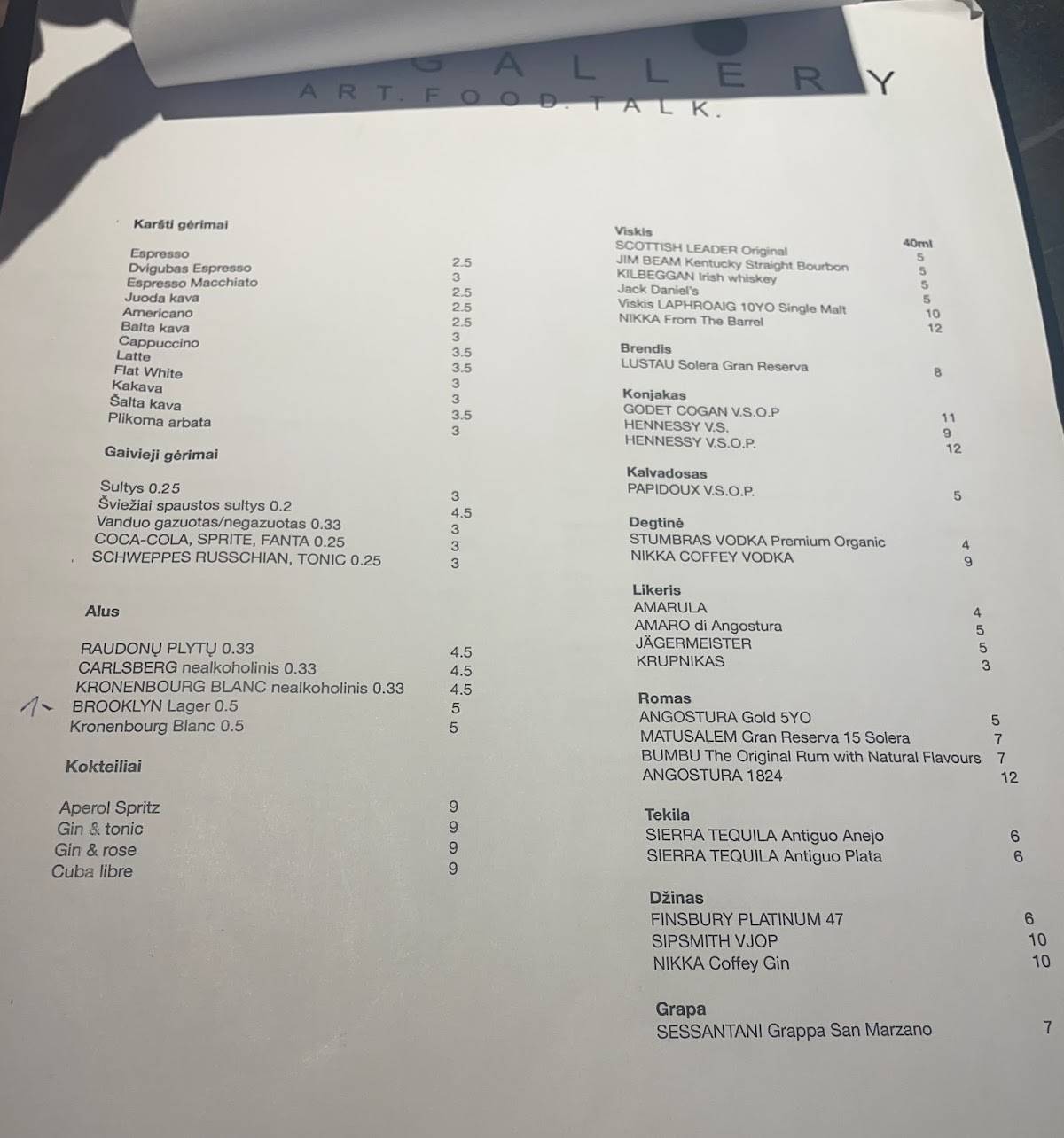 Menu at The Gallery restaurant, Vilnius