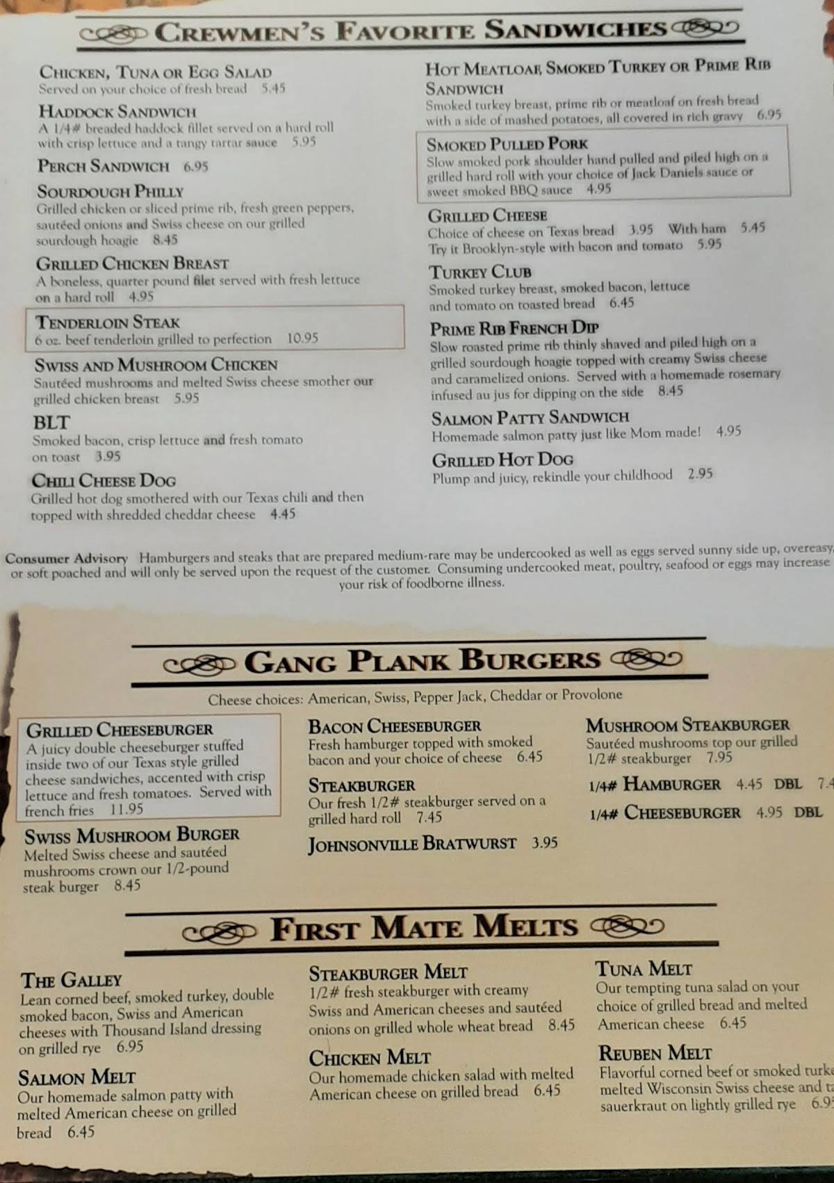 Menu at The Galley Restaurant, Manitowoc