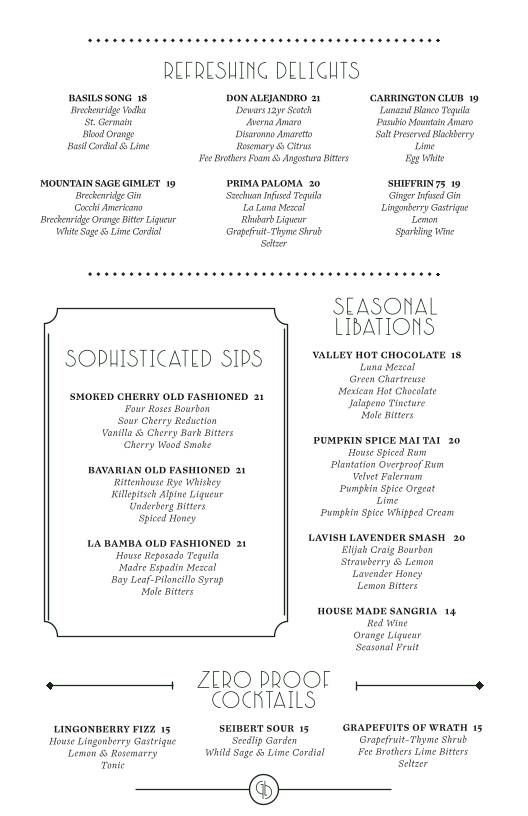 Menu at The Gambit Bar, Vail
