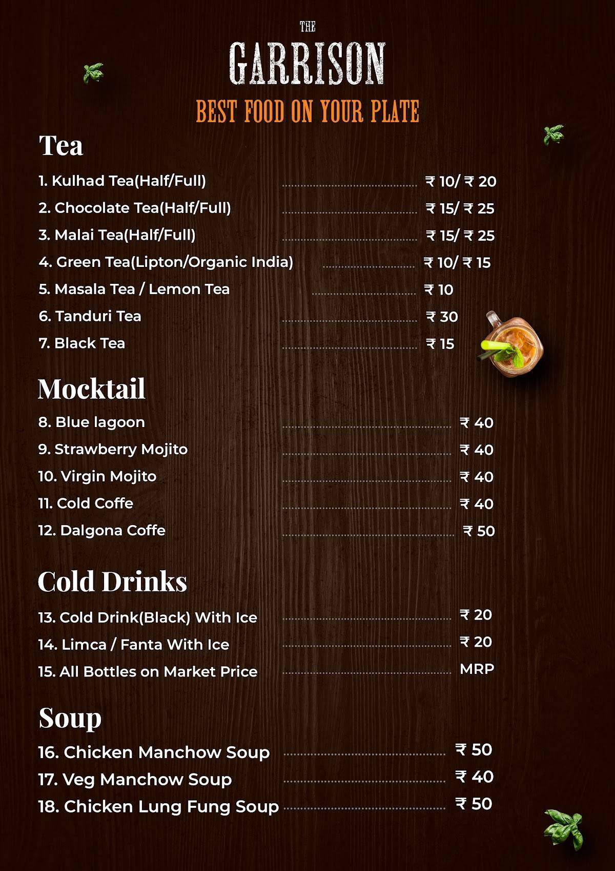 Menu at The Garrison, India