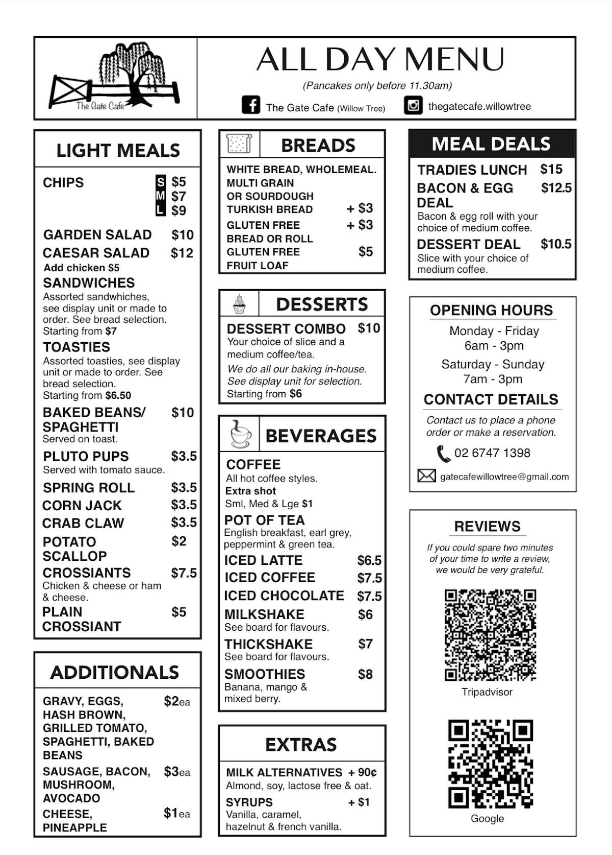 Menu at The Gate Café cafe, Willow Tree, 11 New England Hwy