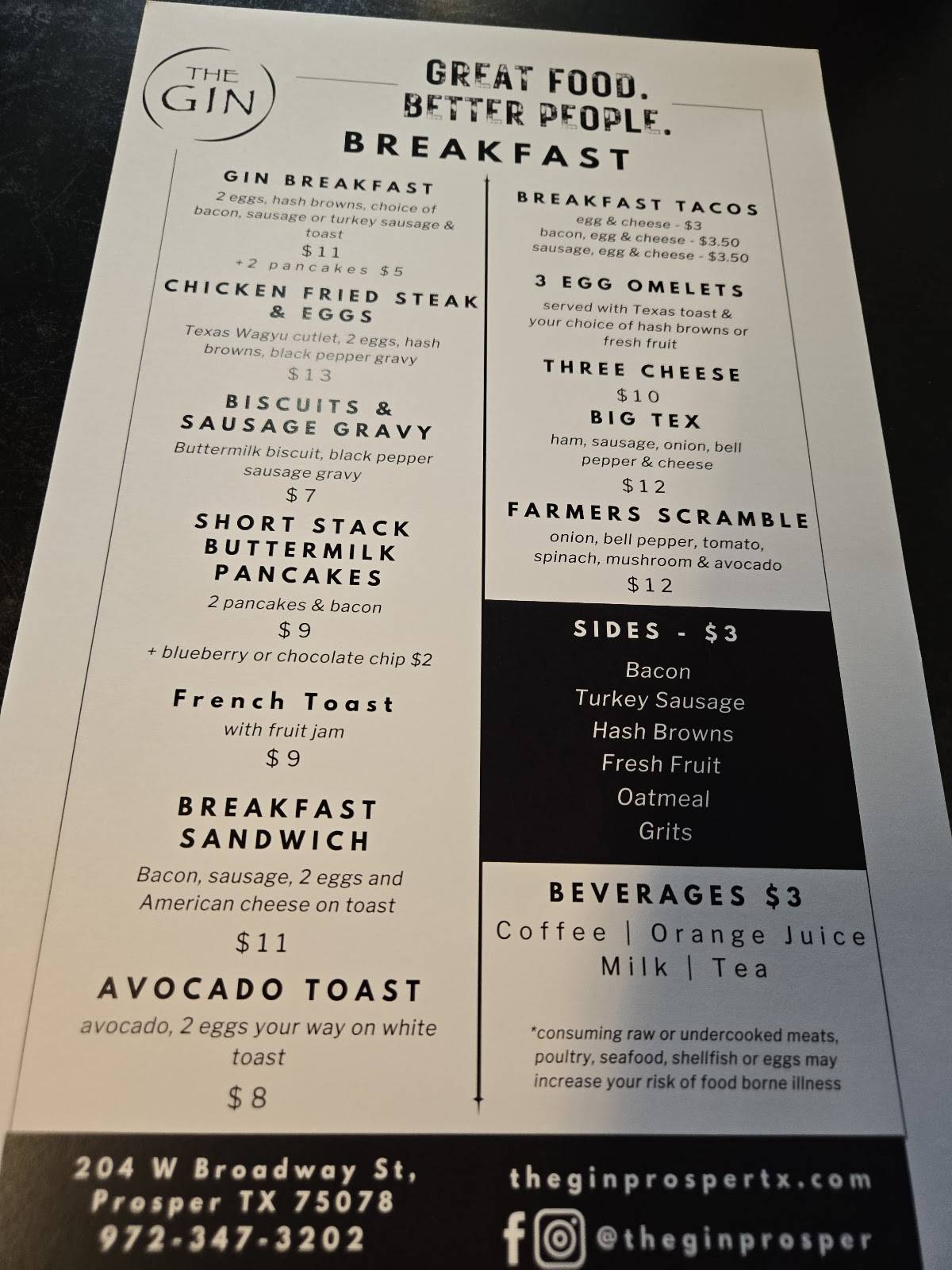 Carta del restaurante The Gin, Prosper, 204 W Broadway St