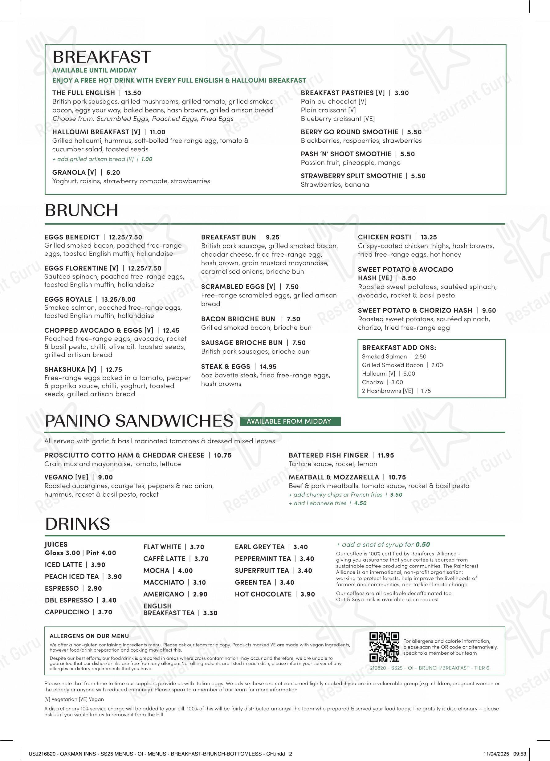 Menu at The Globe restaurant, Warwick