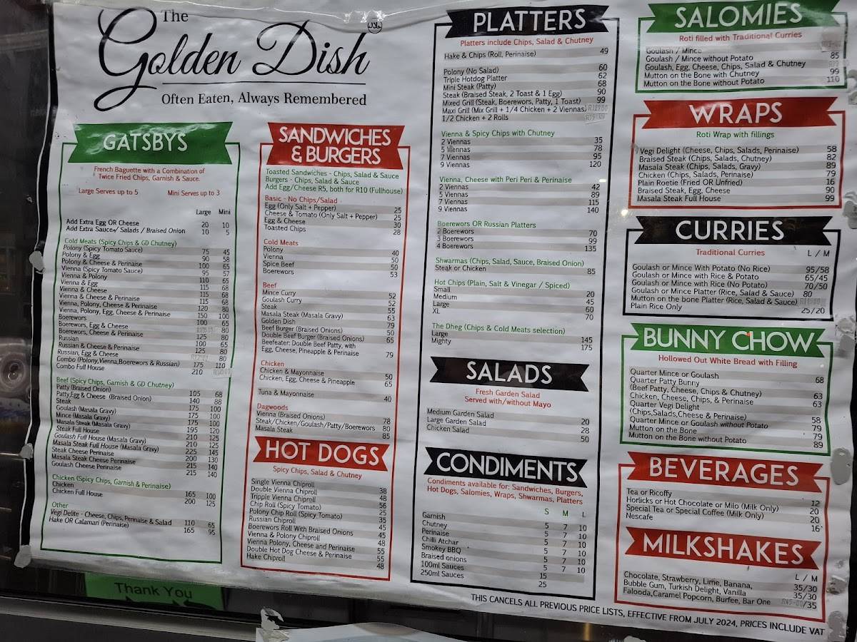 Menu at The Golden Dish restaurant, Cape Town