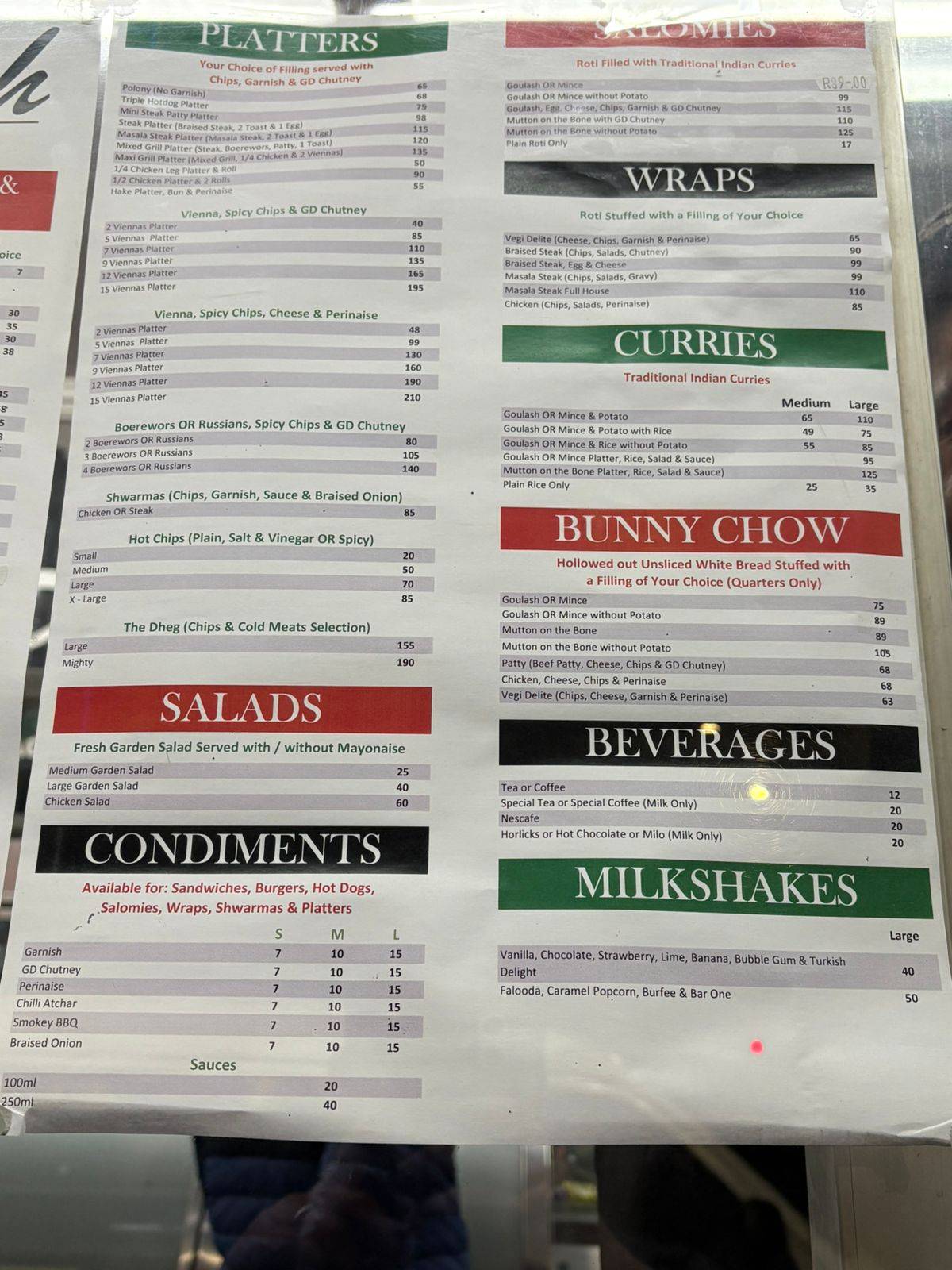 Menu at The Golden Dish restaurant, Cape Town