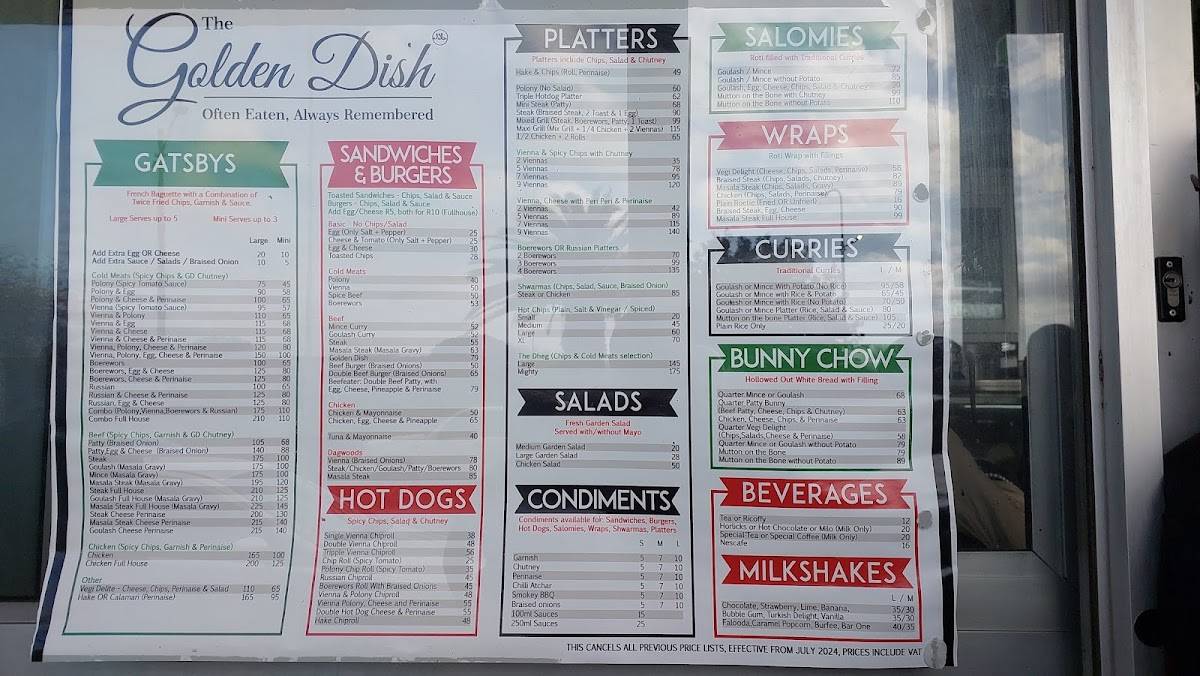 Menu at The Golden Dish restaurant, Cape Town