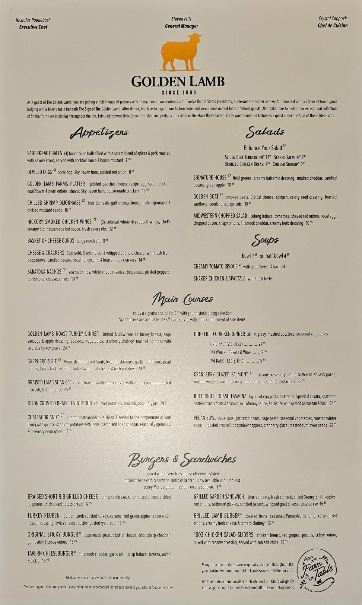 Menu at The Golden Lamb Restaurant & Hotel, Lebanon